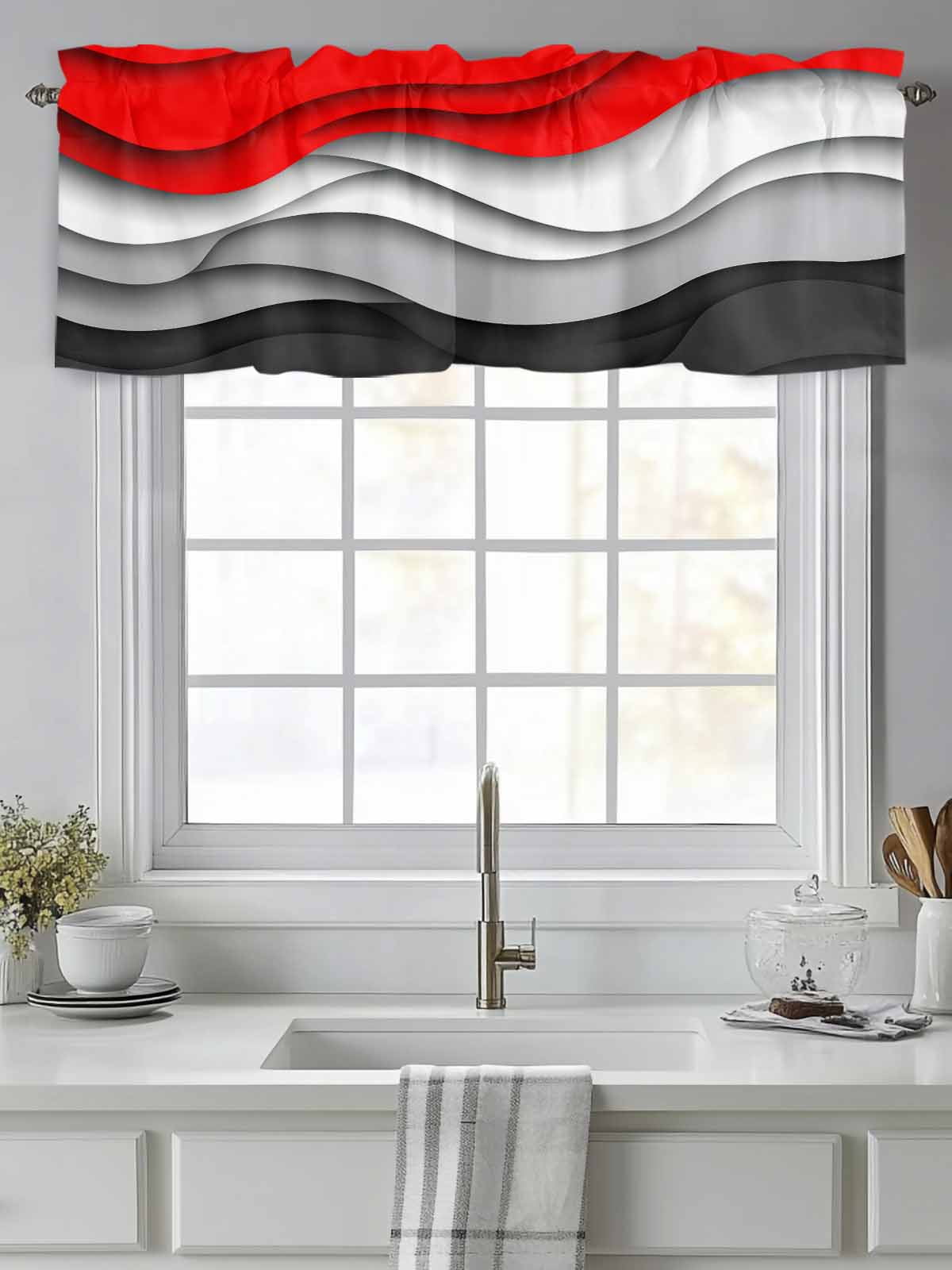 Red Gray Color Blocks Valances for Windows,Kitchen Valance Rod Pocket ...