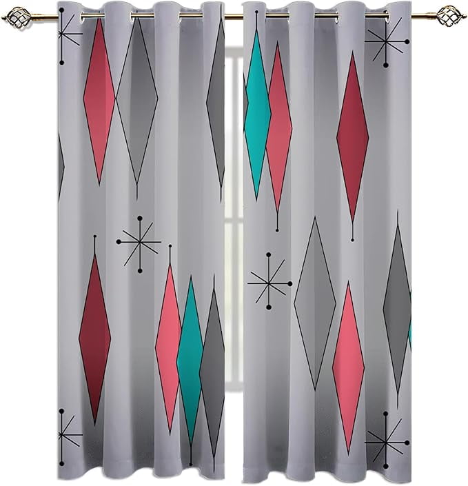 Red Gray Geometry Blackout Curtains, Retro Gray Bohemian Art Window ...