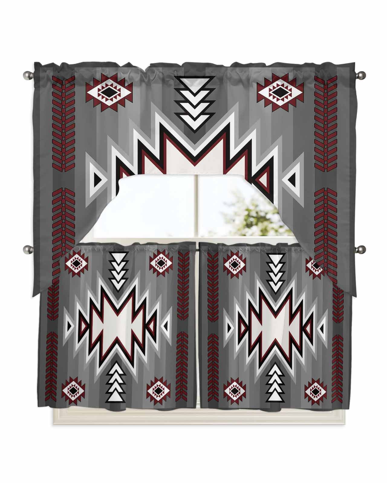Red Gray Kitchen Curtains Swag Valance and Tier Curtains Set 24 Inch ...