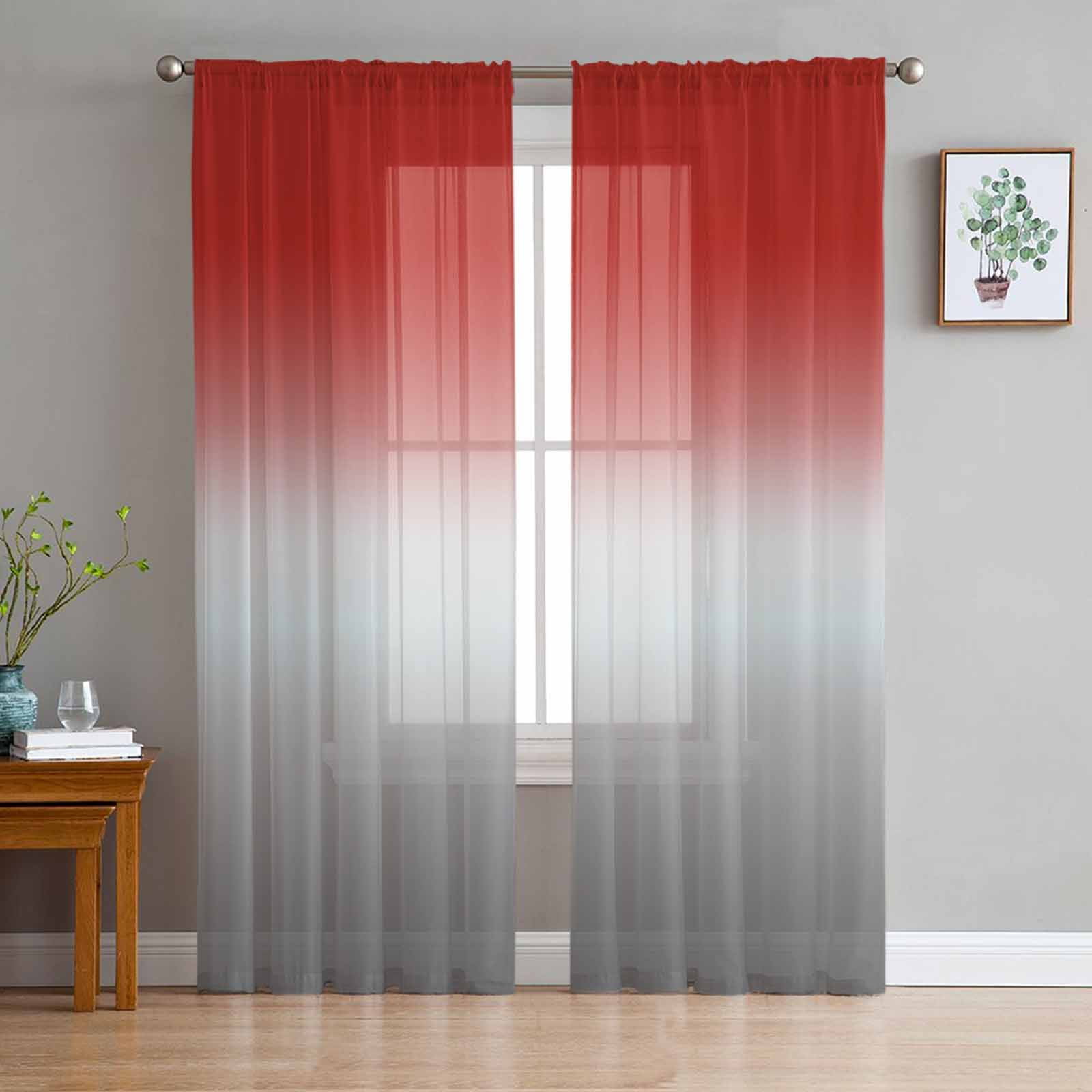 Red Gray Ombre Sheer Curtains 63 Inches Length 2 Panels Set, Window Sheer Curtains for Living ...