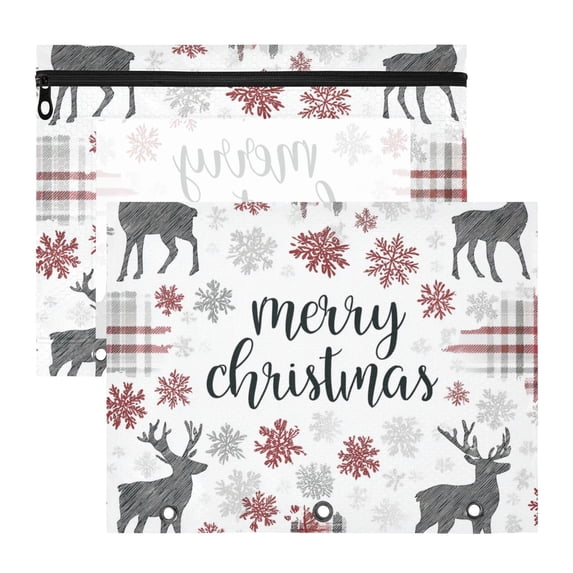 Red Gray Plaids Christmas Deer 3-Ring Binder Pocket with Zipper Pencil ...