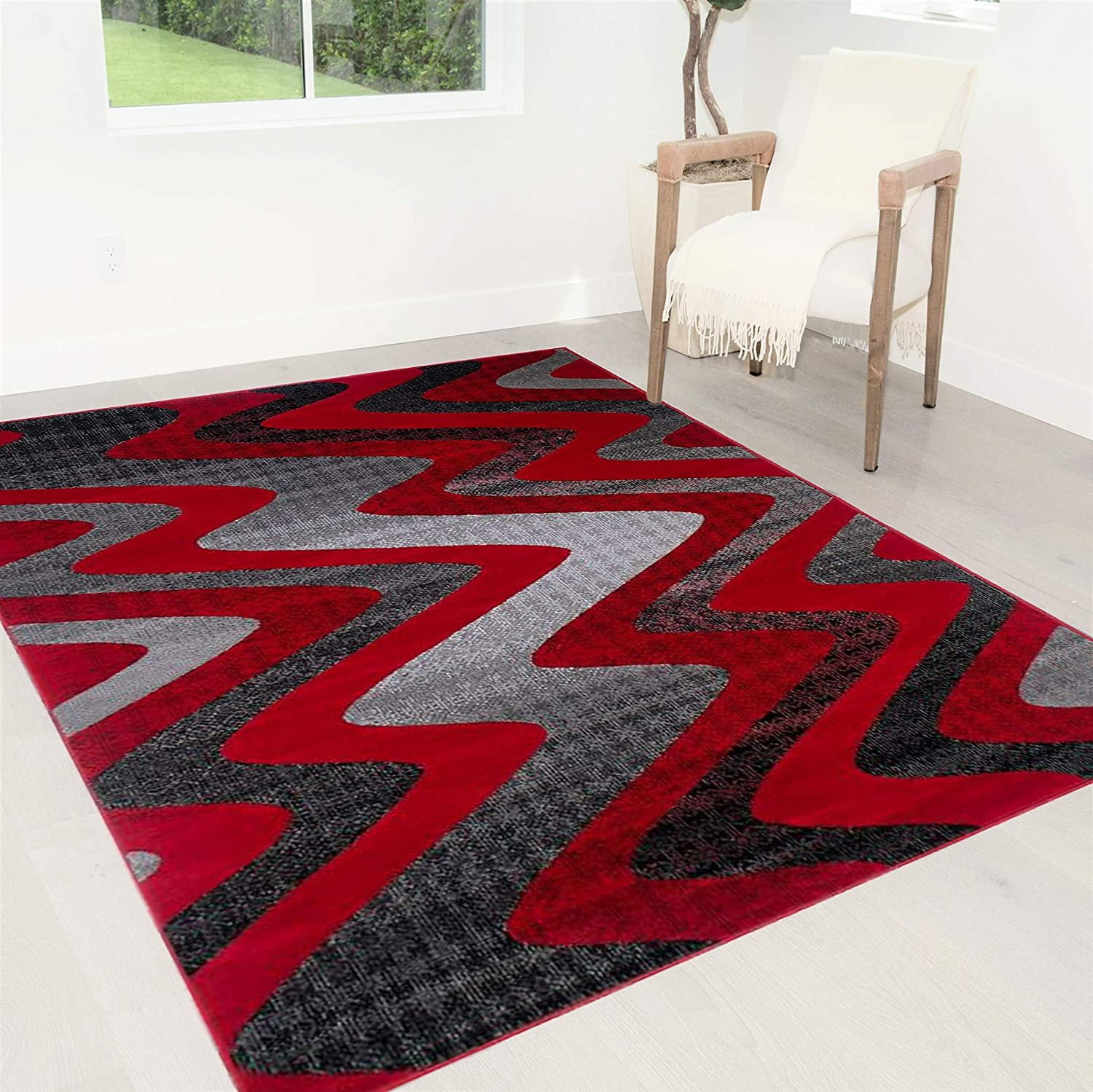 Red Gray Silver Black Abstract Area Rug Modern Zigzag Wave Pattern 7'8 ...