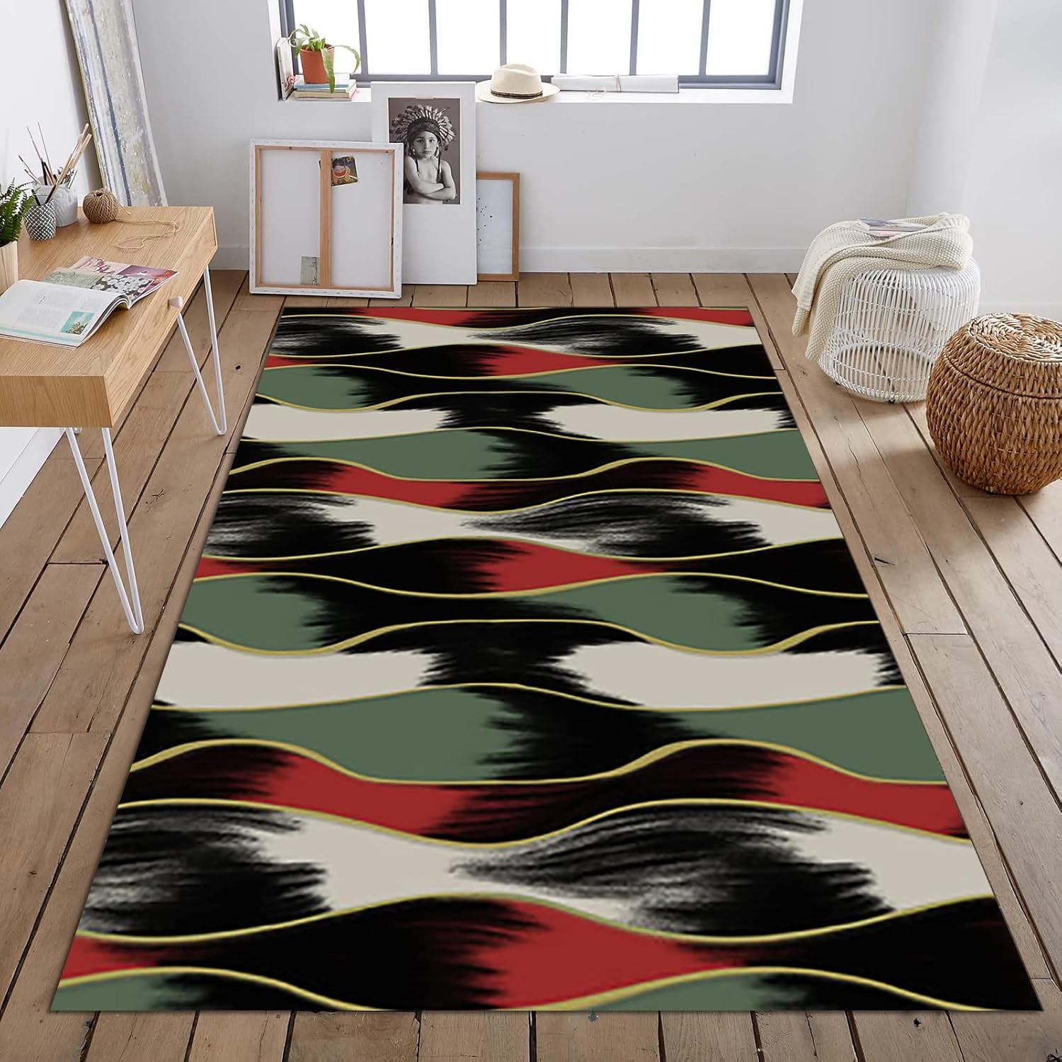 Red and Green Abstract Line Strip Rug, 3D Simple Hand-Painted Art ...