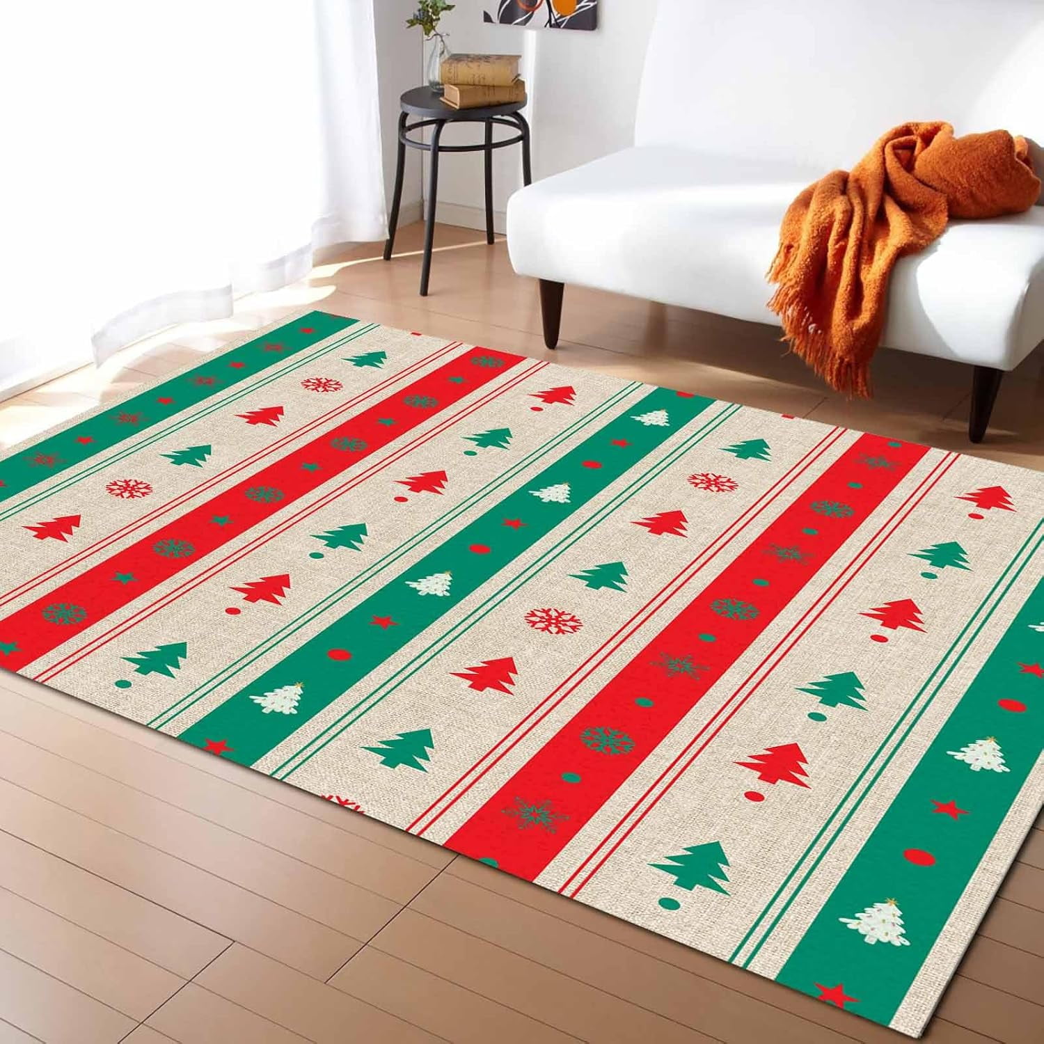 Red Green Christmas Trees Area Rug for Living Room Rectangular Indoor ...
