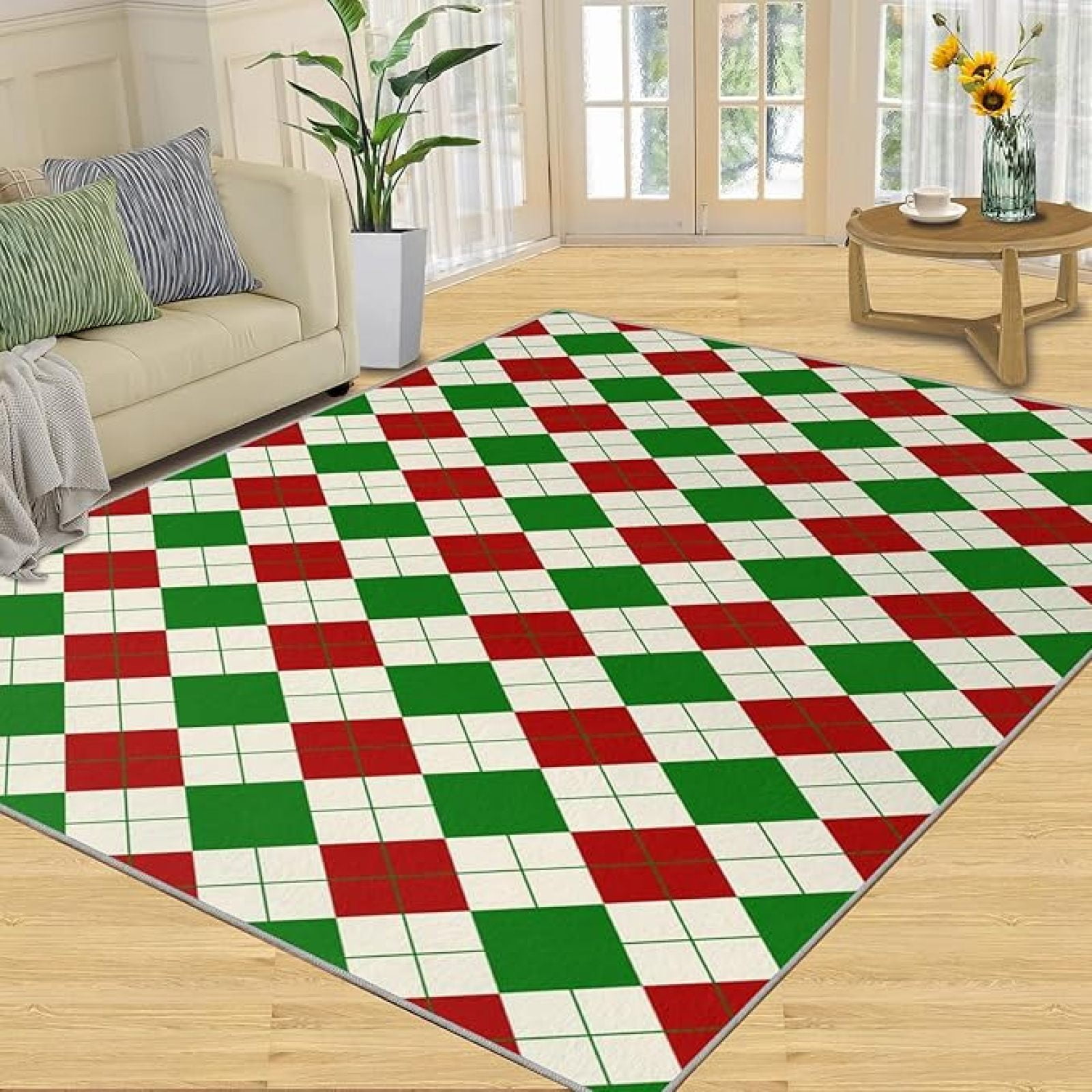 Red And Green Grid Christmas Rugs Modern Quadrilateral Geometric Lines ...