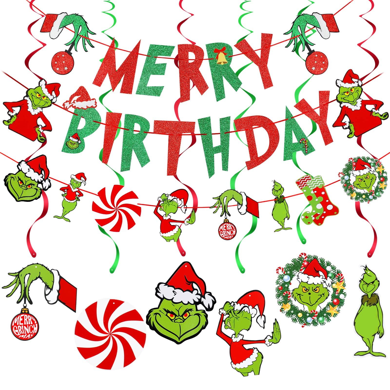 Red and Green Merry Birthday Banner Grinchmas Happy Birthday Banner ...