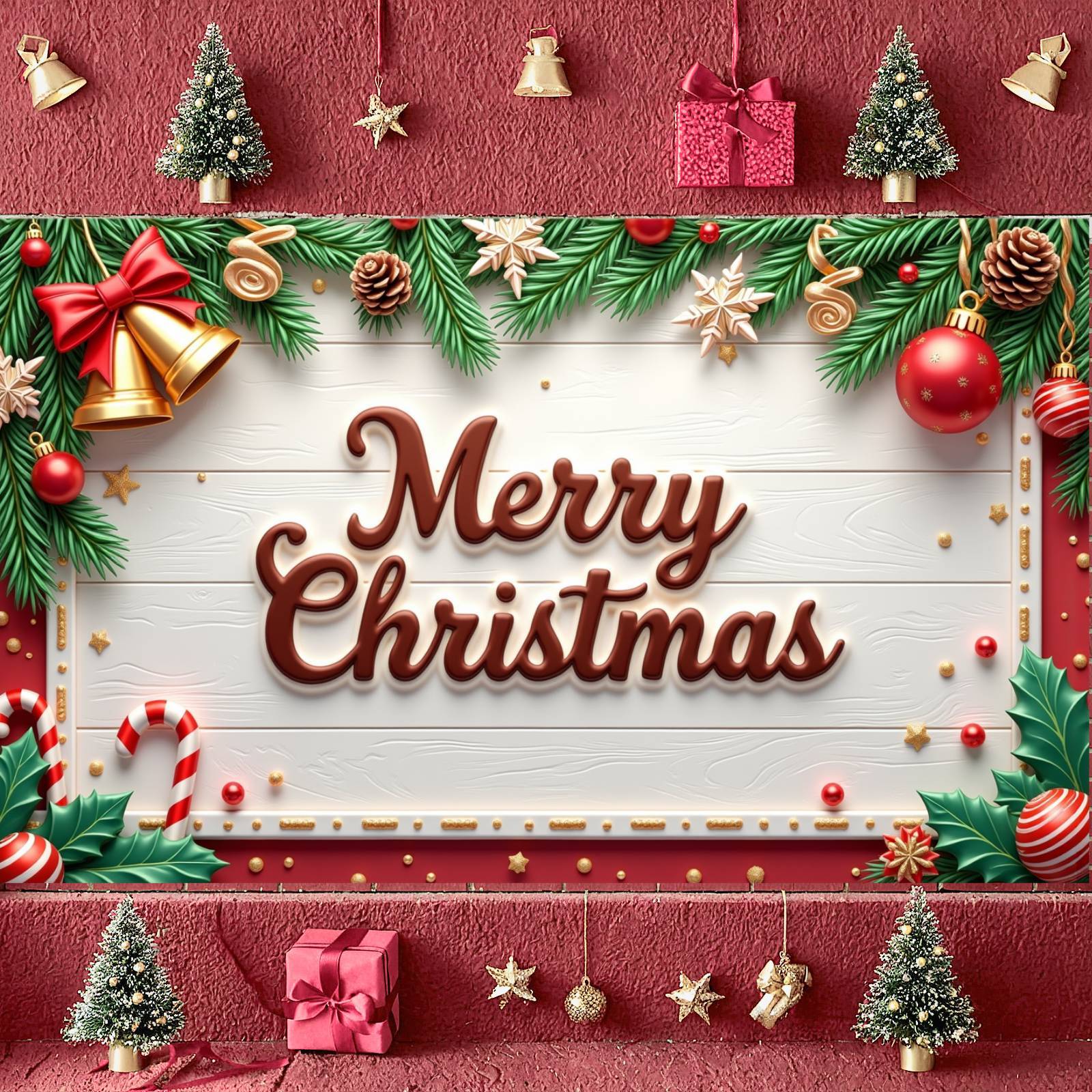 Red Green Merry Christmas Banner Pine Branches Christmas Display Gold ...
