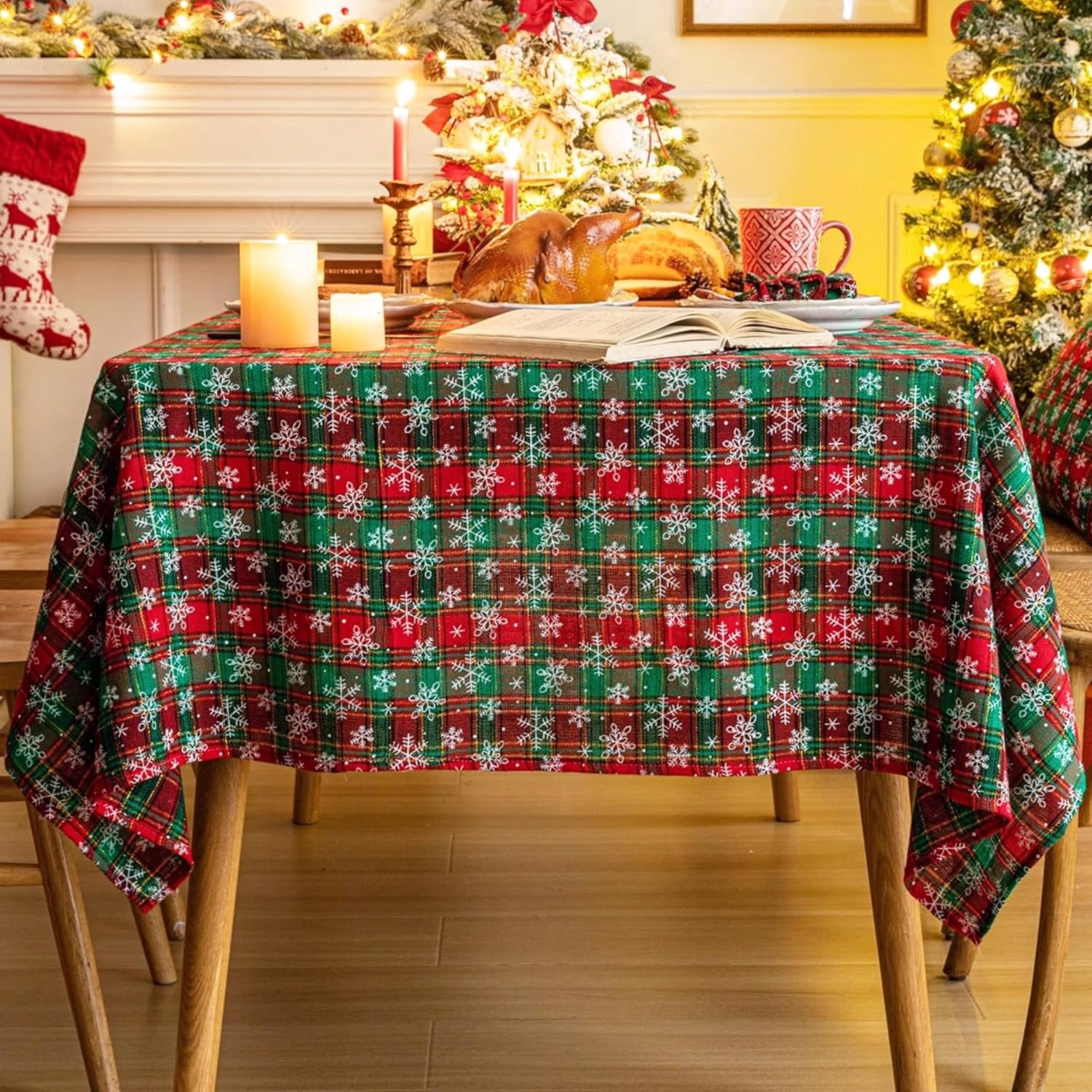 Red Green Plaid Snowflake Christmas Tablecloth 60x104, Tartan Table ...