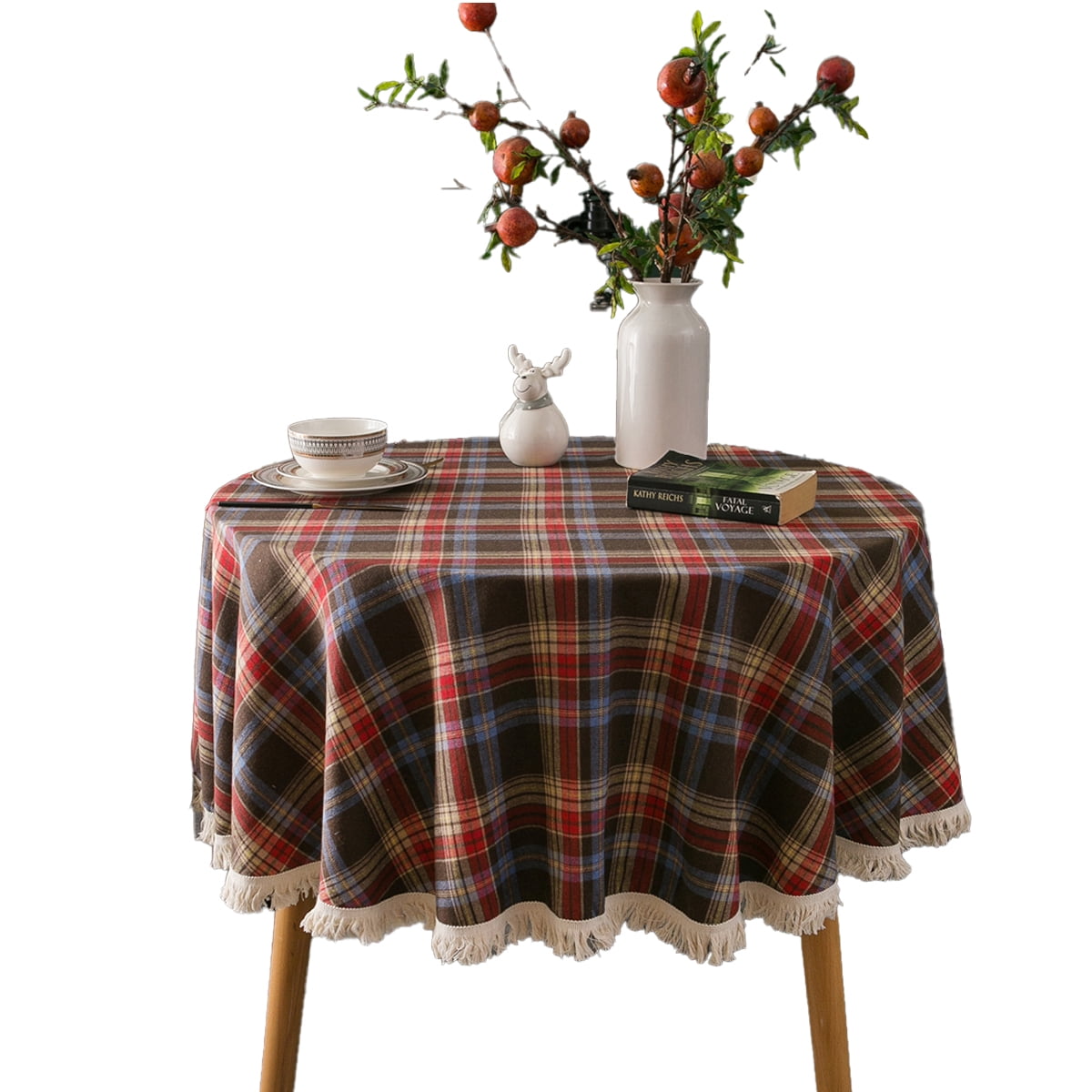 Red & Green Retro Plaid Tablecloth, 59 Inch Round, Stain-Resistant ...