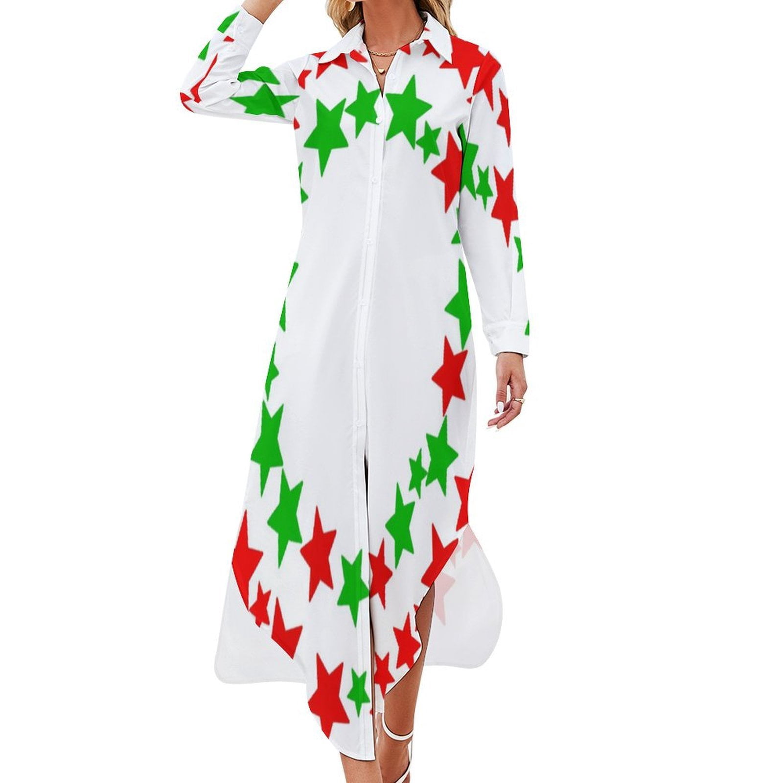 Red Green Star Wreath Shirt Dress Long Sleeve Street Fashion V Neck ...
