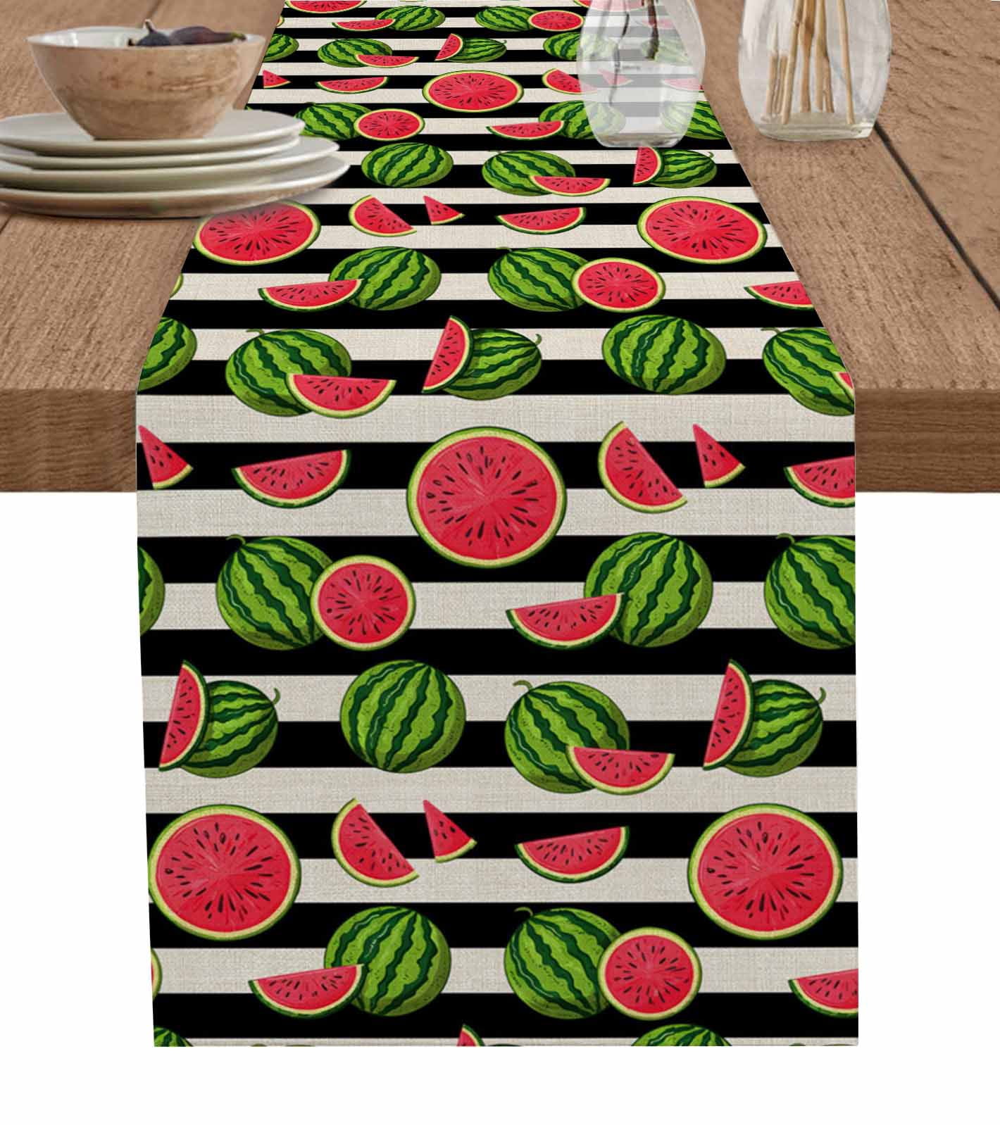 Red Green Watermelon Table Runner Botanical Black White Stripe Vintage ...