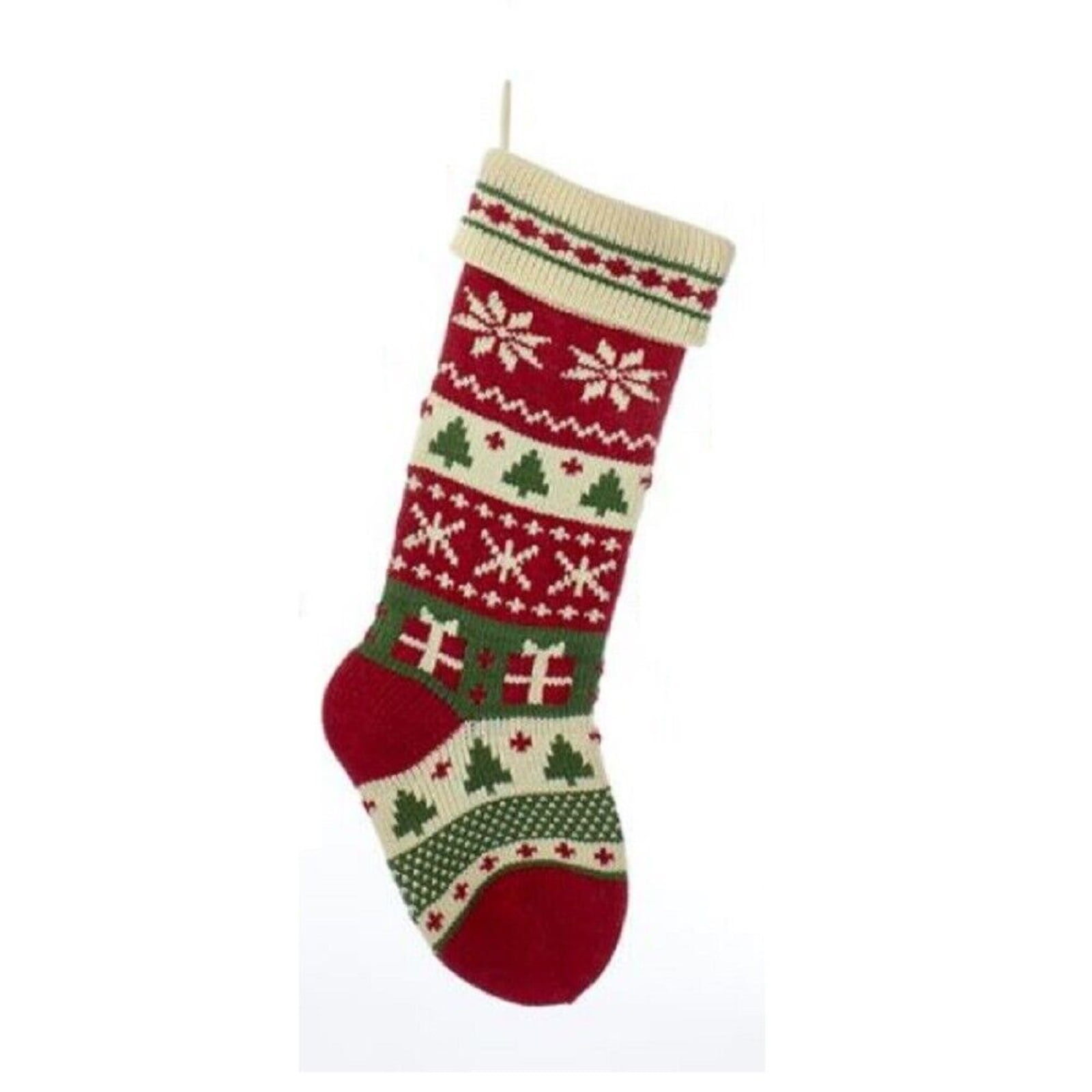 Red Green and Ivory Tree and Snowflake Heavy Knit Christmas Stocking 20 ...