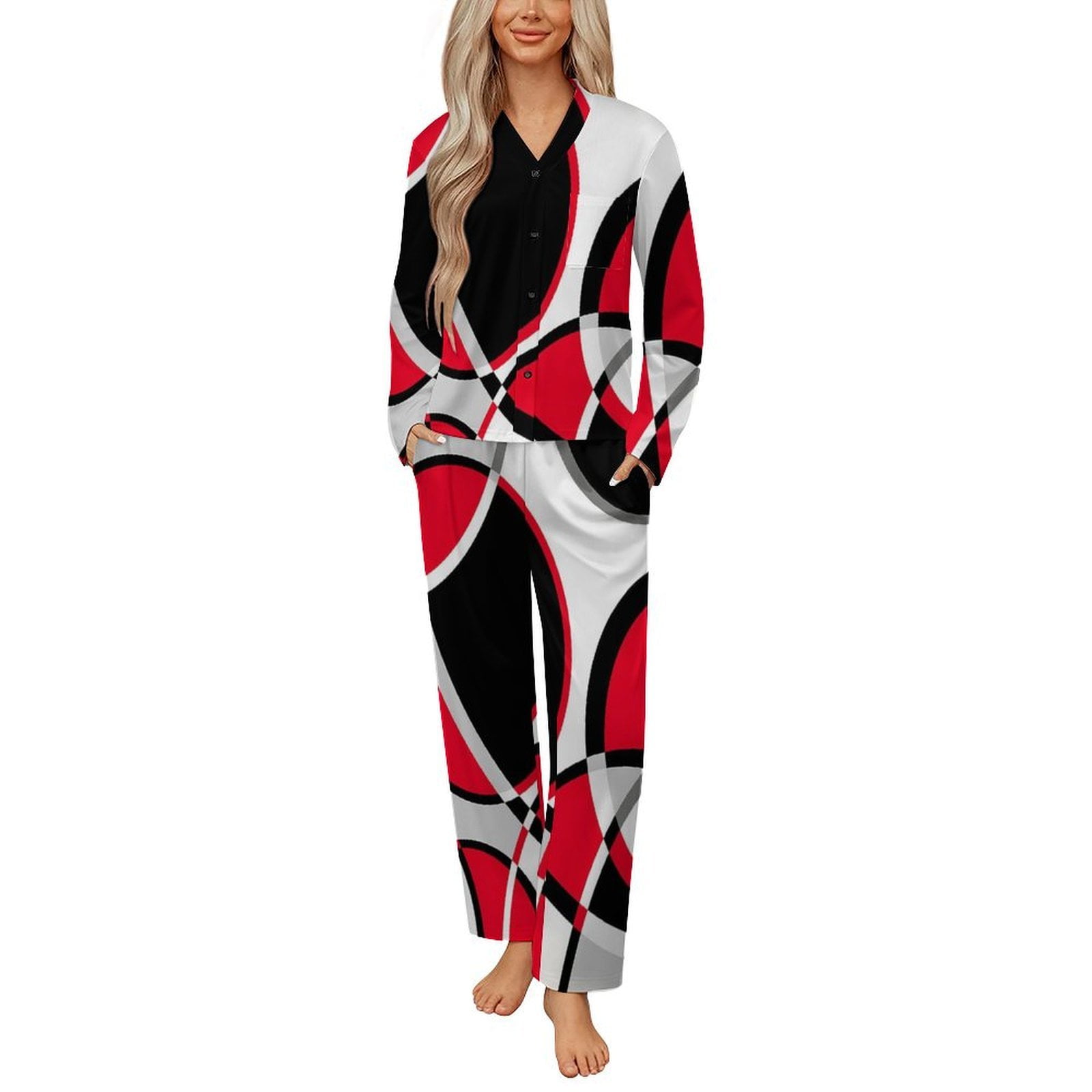 Red Grey Black Geometric Art Modern Abstract Womens Pyjamas Set Button ...