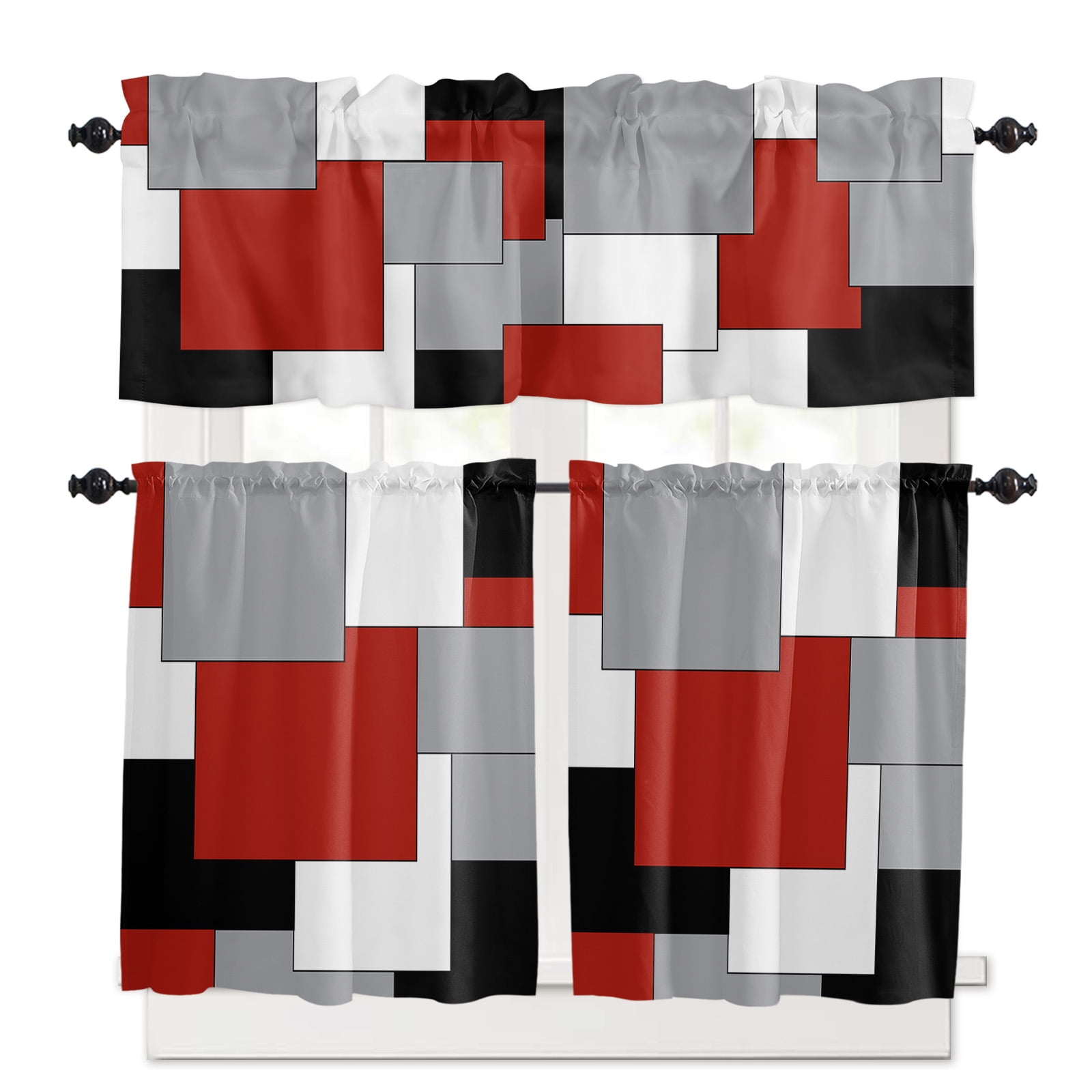 Red Grey Black Geometric Kitchen Curtains and Valances Set, 3 Piece ...
