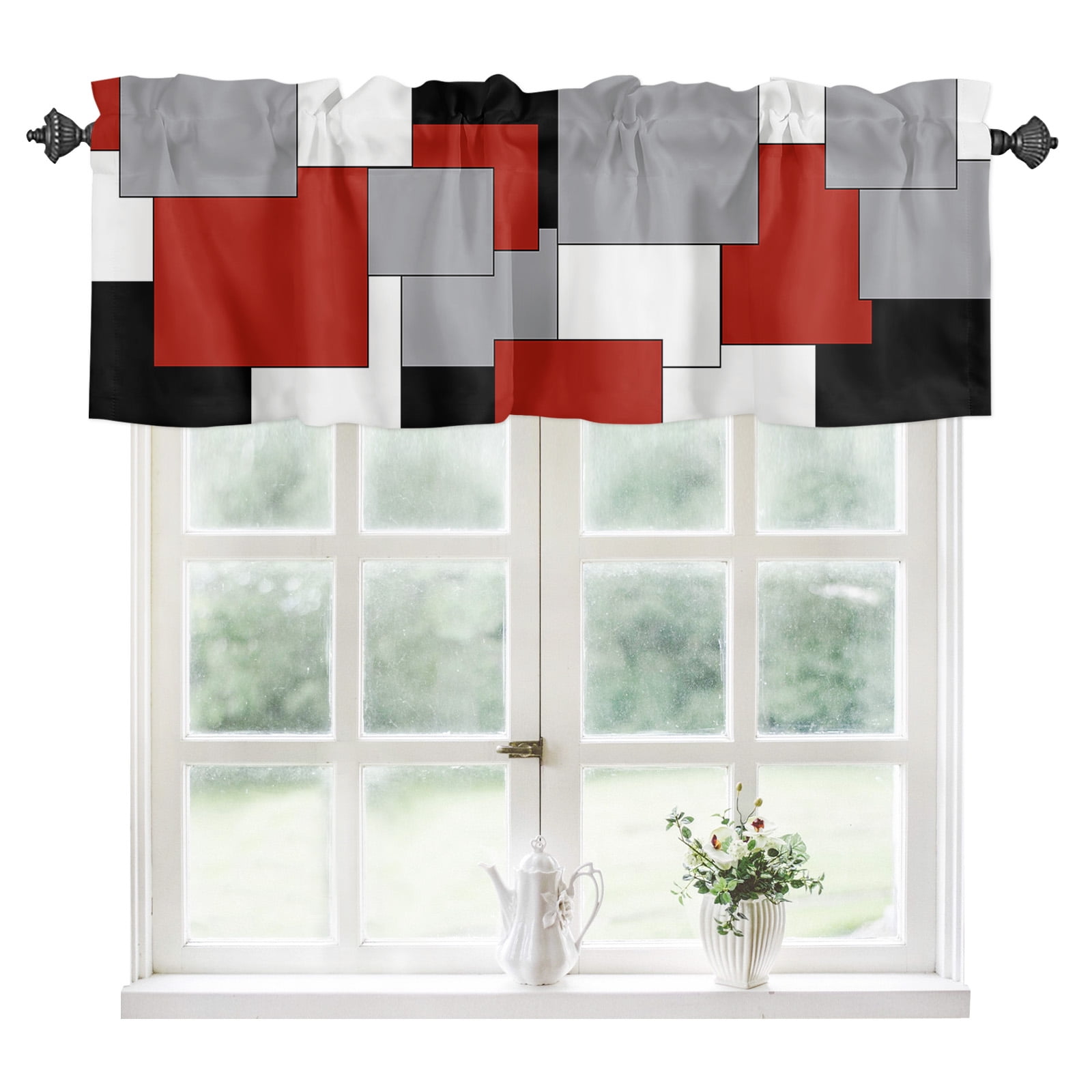 Red Grey Black Geometric Kitchen Valances for Windows 60x18 Inch ...