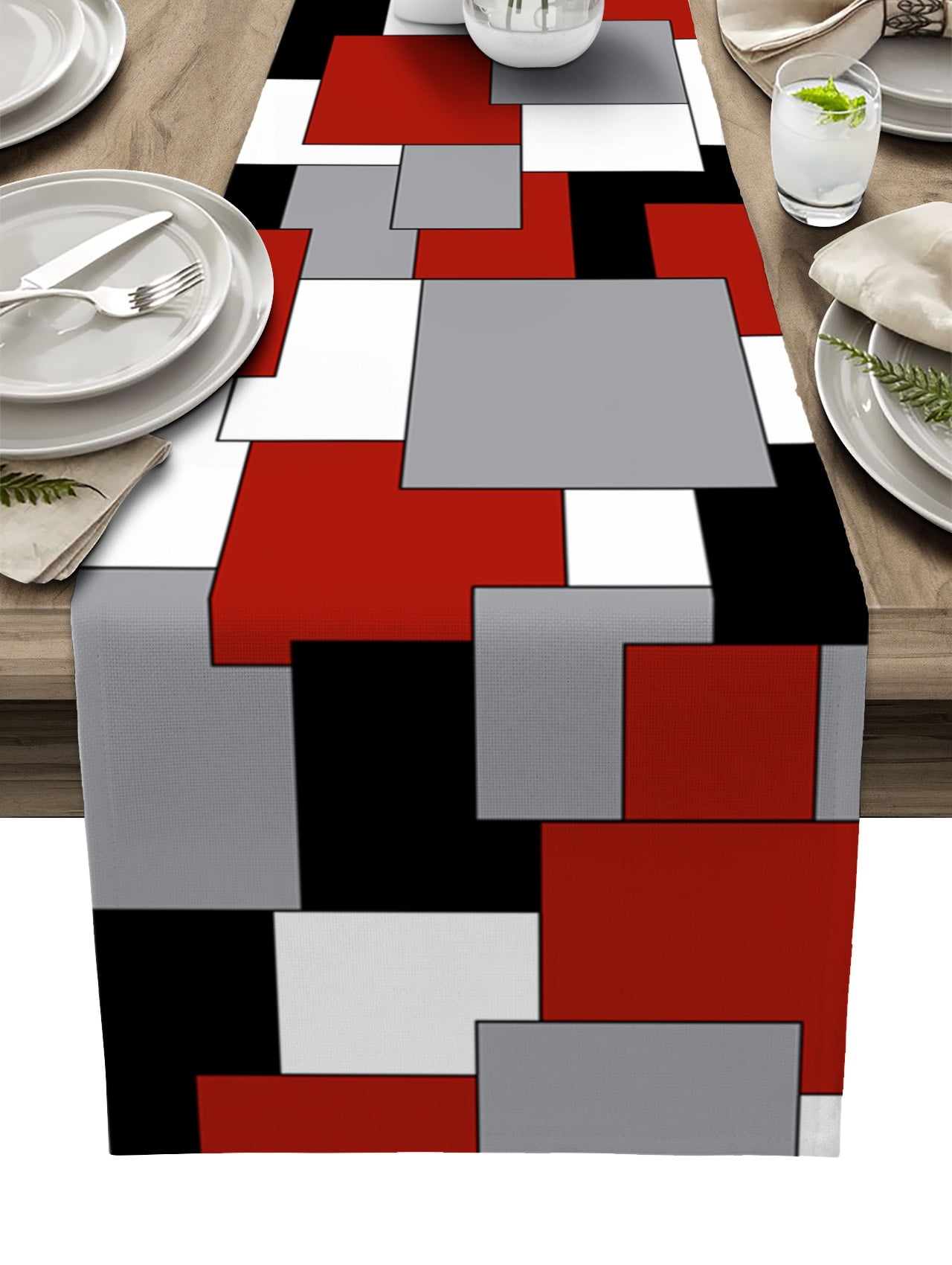 Red Grey Black Geometric Table Runner - 90 Inch Long, Kitchen Dining ...