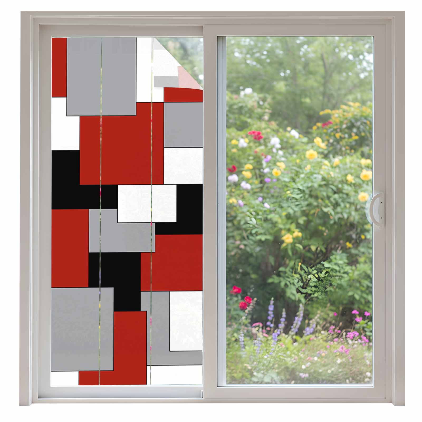 Red Grey Black Geometric Window Privacy Film, Middle Century Modern Art ...