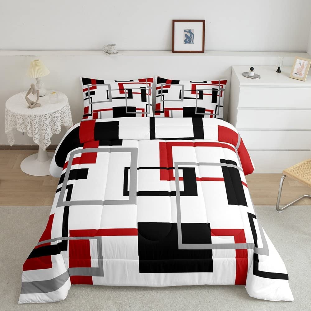 Red Grey Black White Comforter Set for Women Men,3D Modern Square ...