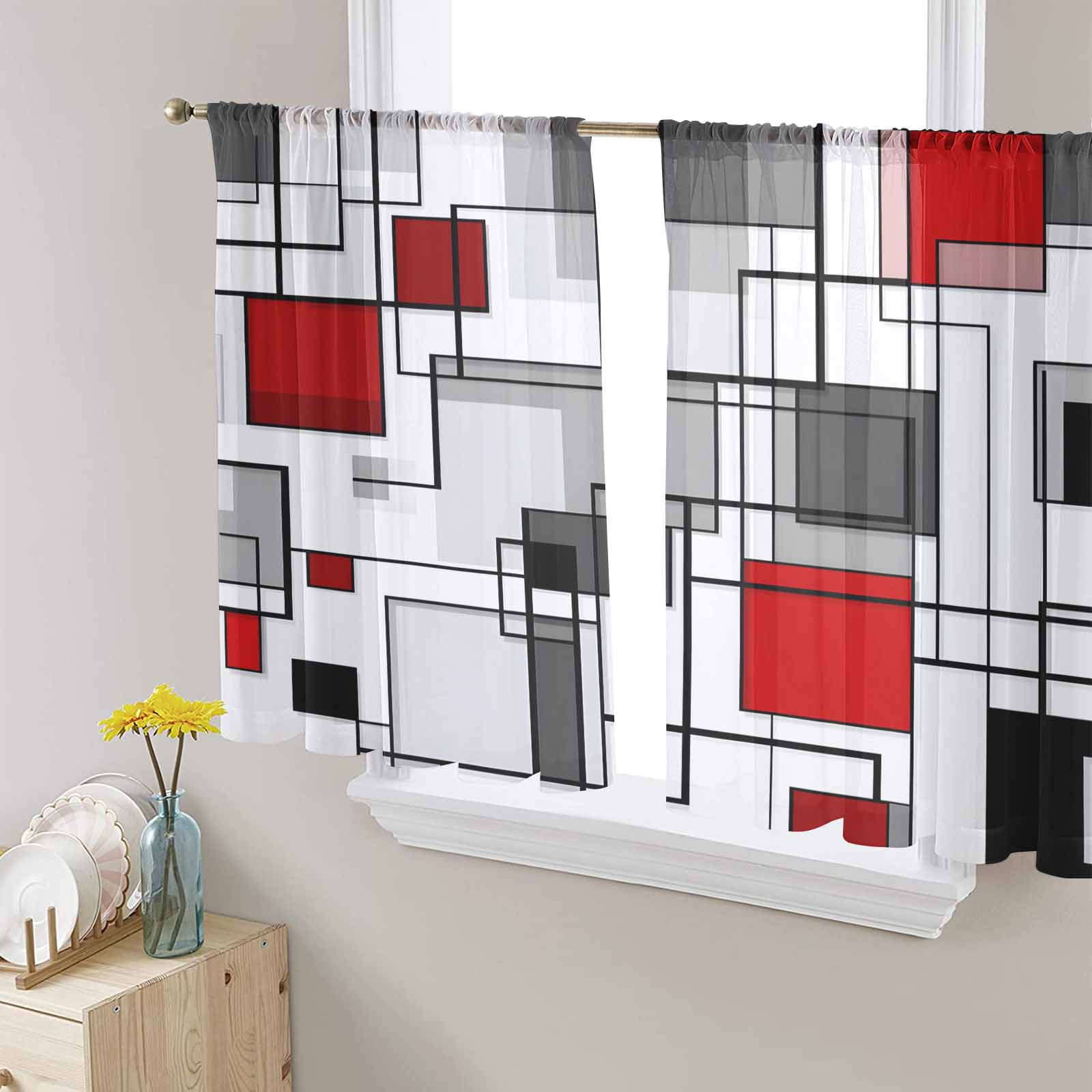 Red Grey Geometric Sheer Curtains 54 Inches Length 2 Panels Set, Window Sheer Curtains for ...