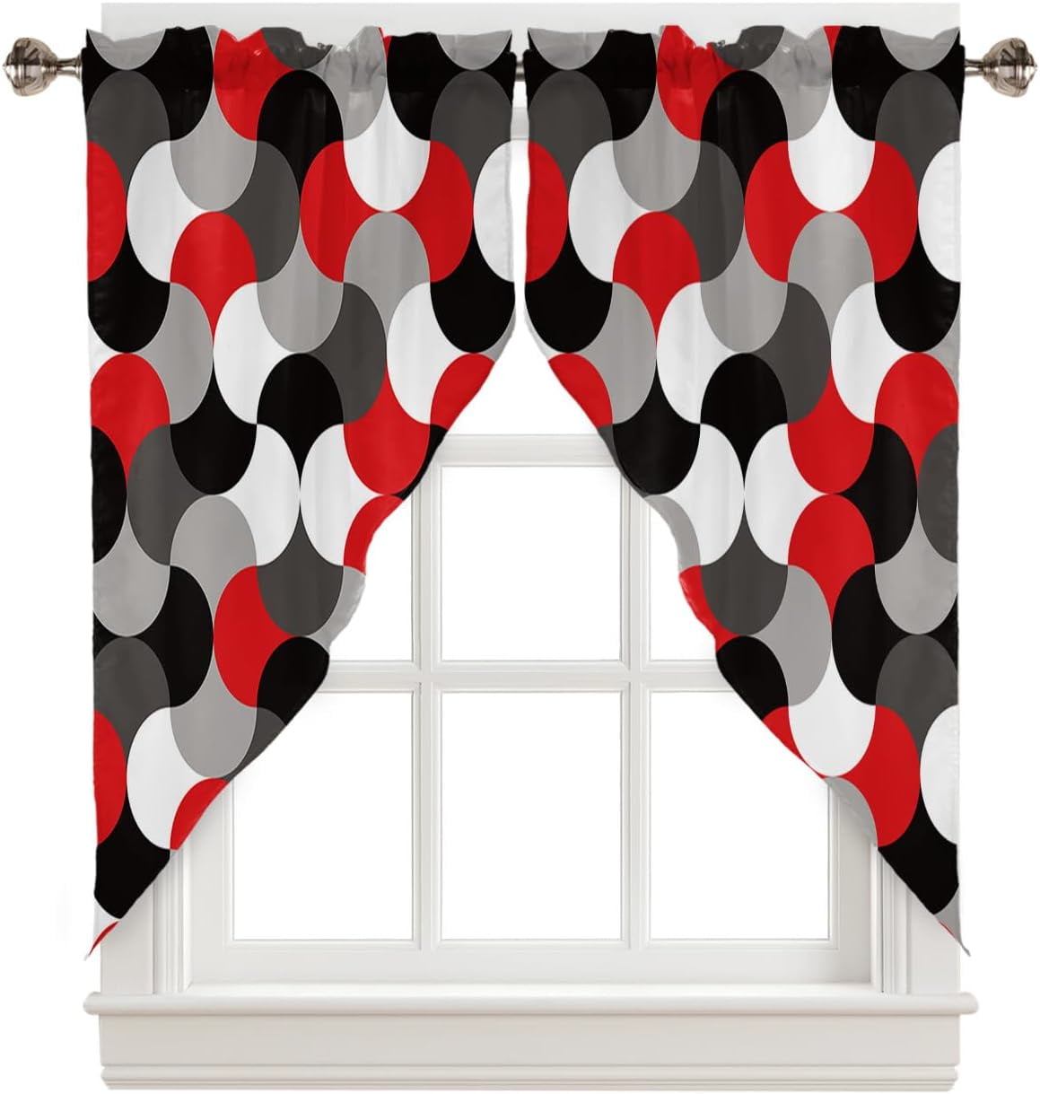 Red Grey Geometric Swag Valances for Windows 2 Pack Kitchen Window ...