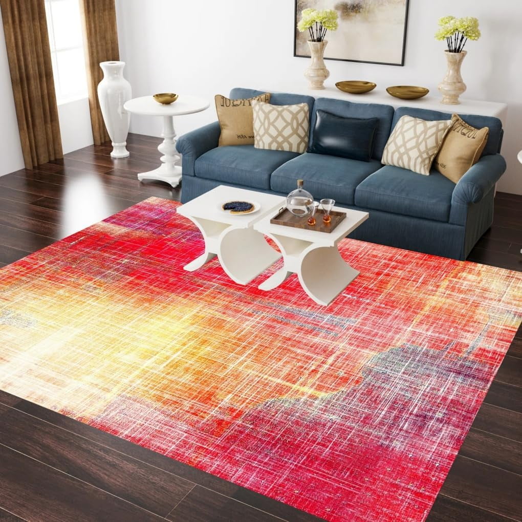 Red Grey Gold Modern Abstract Aesthetic Fluffy Washable Area Rugs ...