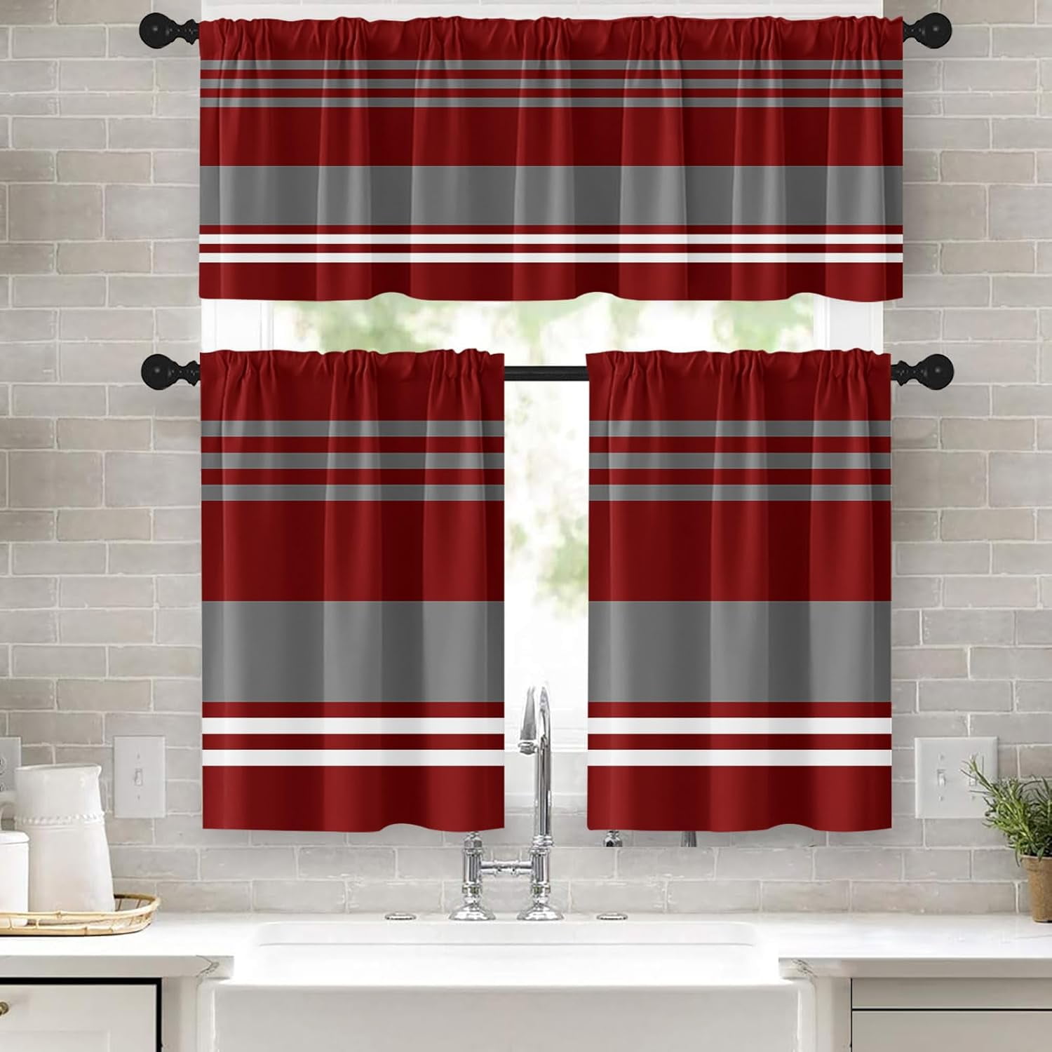 Red Grey Kitchen Curtains Stripes Window Curtains Valance and Tier Set ...