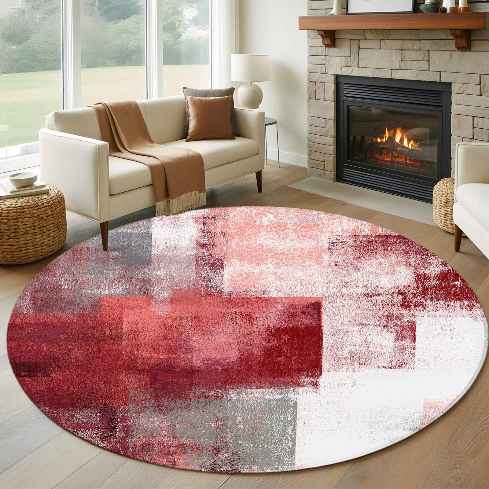 Red Grey Oil Painting Round Area Rug 6 FT, Non Slip Bedroom Rugs ...