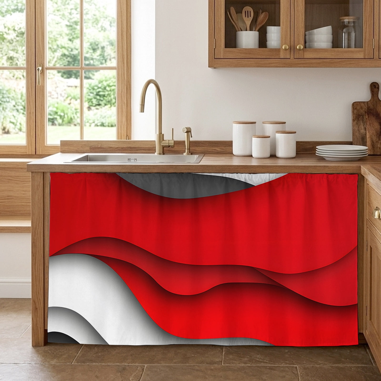 Red Grey Ombre Pantry Cabinet Curtains 28''x51'', Modern Abstract Art ...