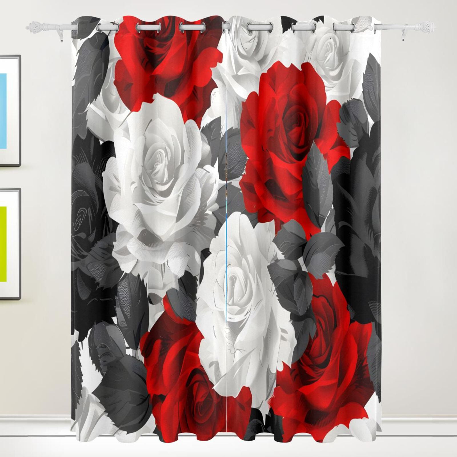 Red Grey Roses Flowers Black Out Curtains 84 Inch Length Curtains for ...
