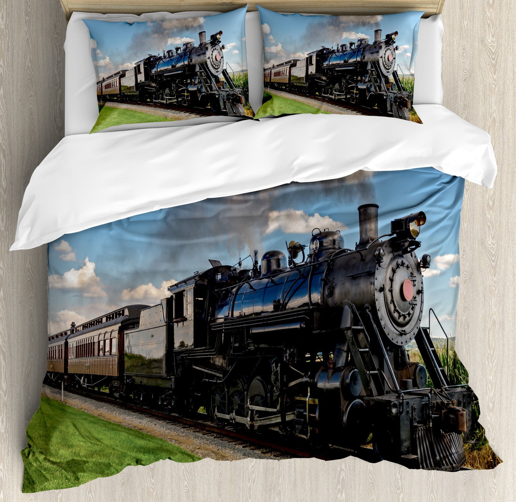 Red Grey Steam Engine Duvet Cover Locomotive Red Black on Steel Railway ...