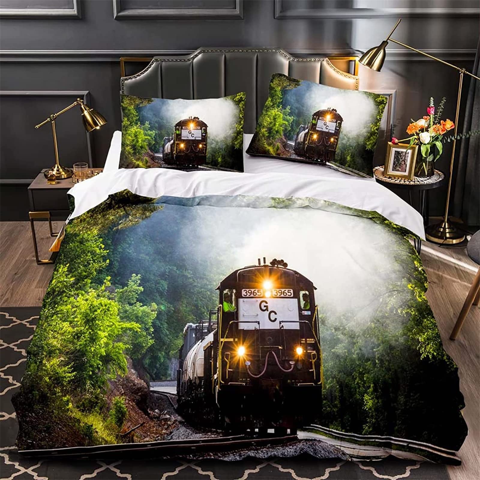 Red Grey Steam Engine Duvet Cover Locomotive Red Black on Steel Railway ...