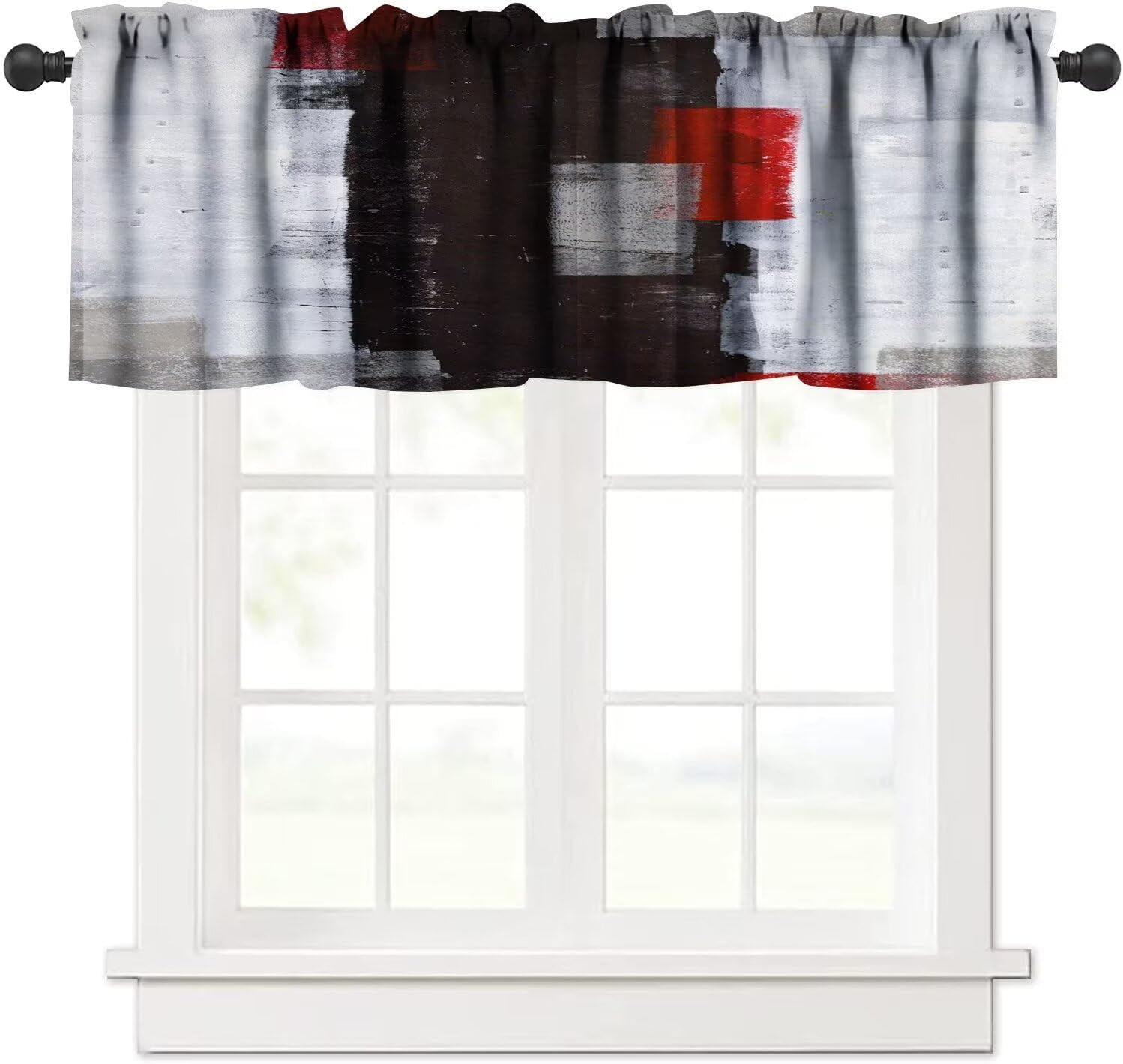 Red Grey Valance Curtain Modern Abstract Painting Black and White Rod ...