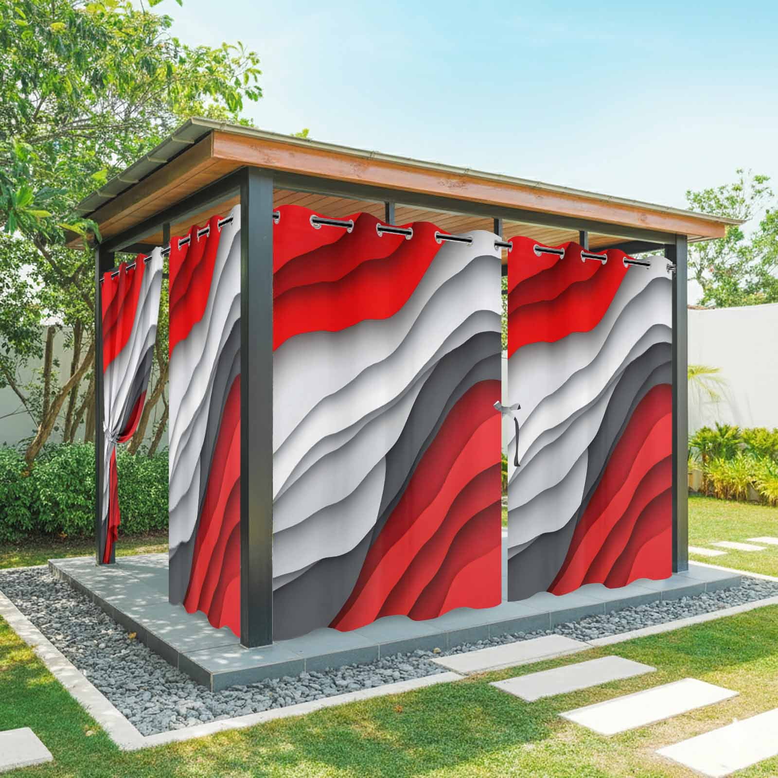 Red Grey Waves Outdoor Curtains for Patio Waterproof, Abstract Water ...