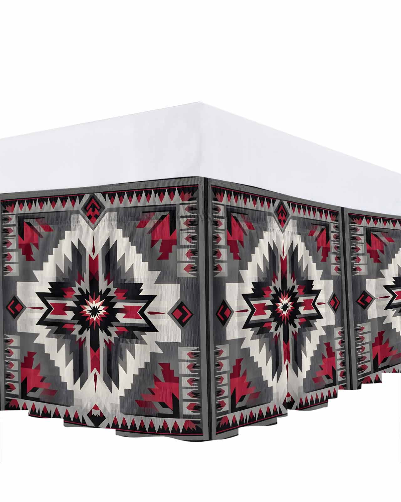 Red Grey White Pattern Bed Skirt Queen Size 18" Drop Bohemian Ethnic ...