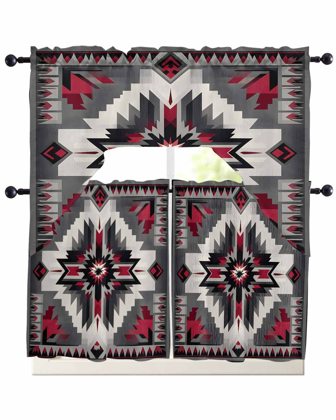 Red Grey White Pattern Swag Valance and Tier Curtains Set Bohemian ...
