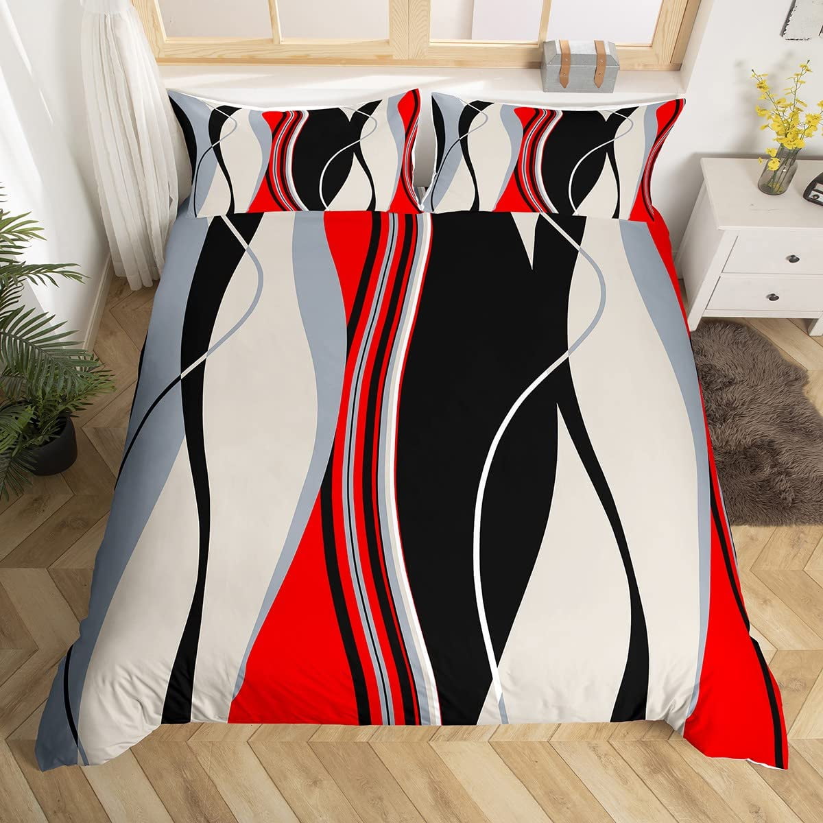 Red Grey White Striped King Duvet Cover Gradient Geometric Bedding Set ...