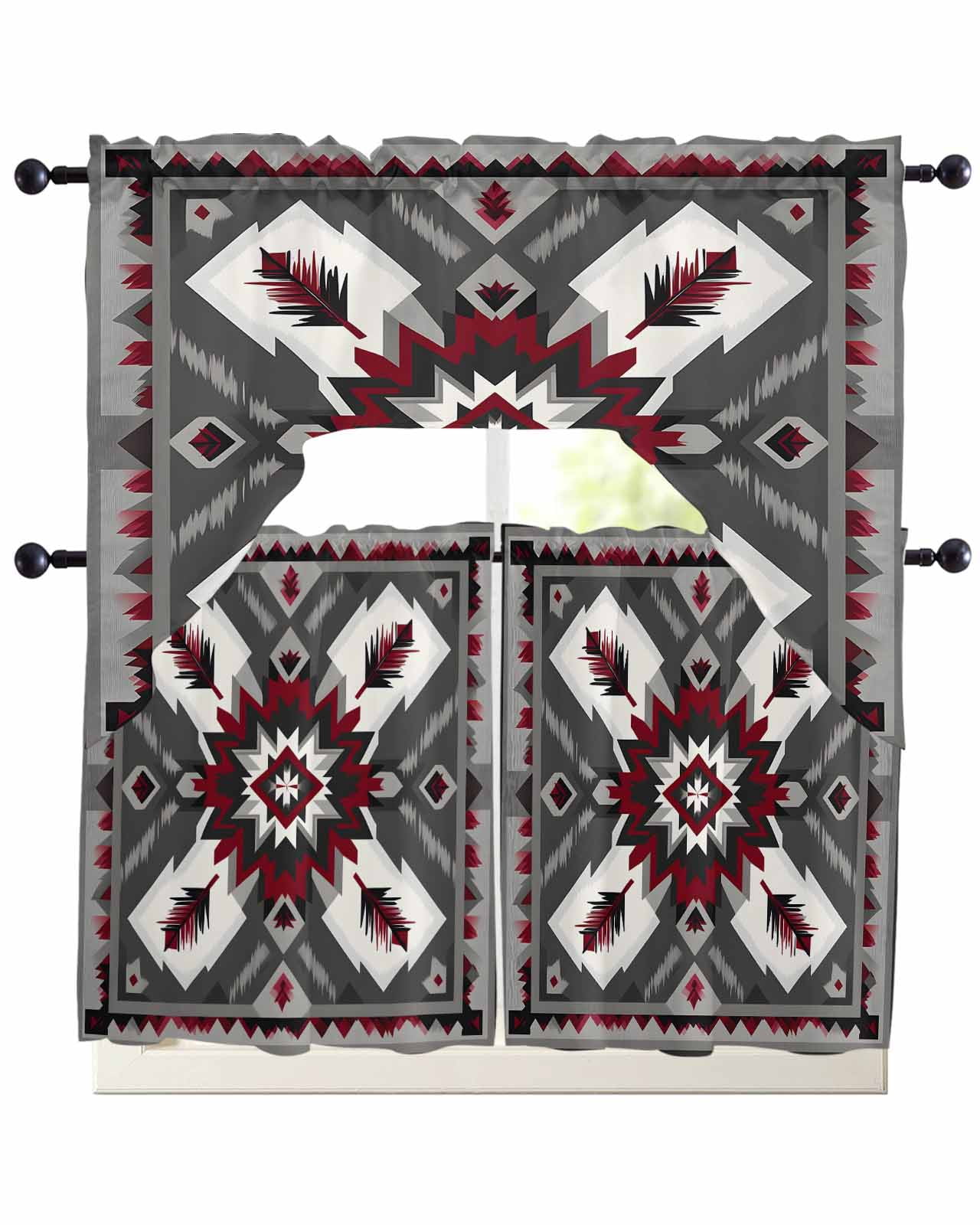 Red Grey White Swag Valance and Tier Curtains Set Bohemian Ethnic ...