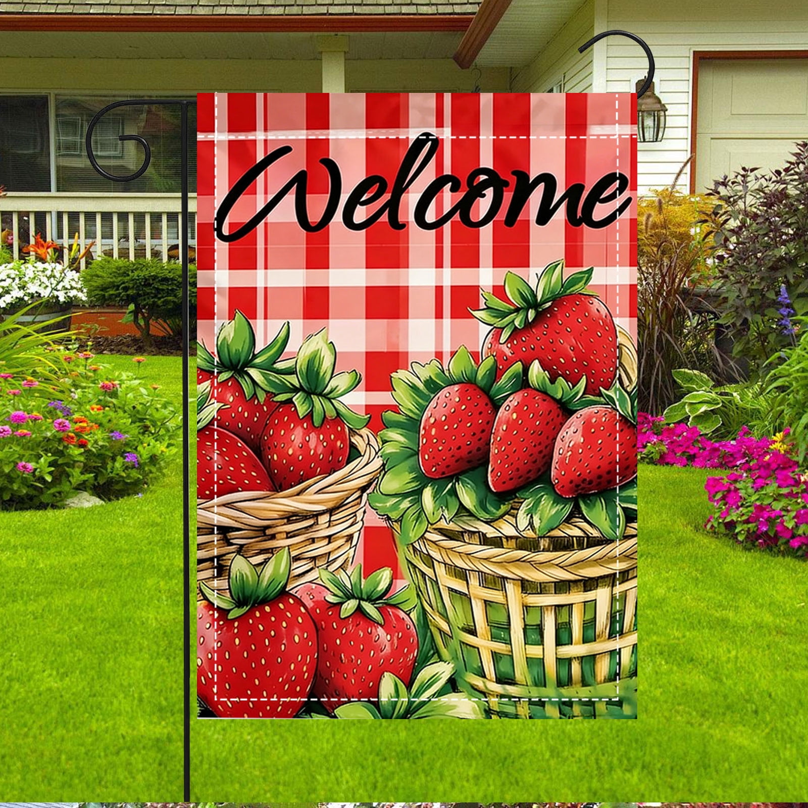 Red Grid Strawberry Garden American Vintage Outdoor Garden Flag 30x45cm ...