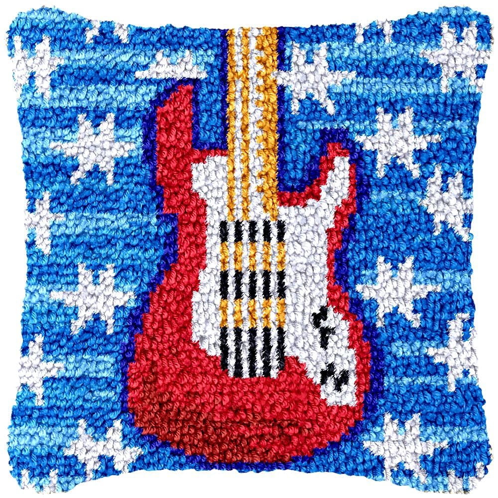 Red Guitar Blue Stars Latch Hook Pillow Kits for Beginner Needle ...