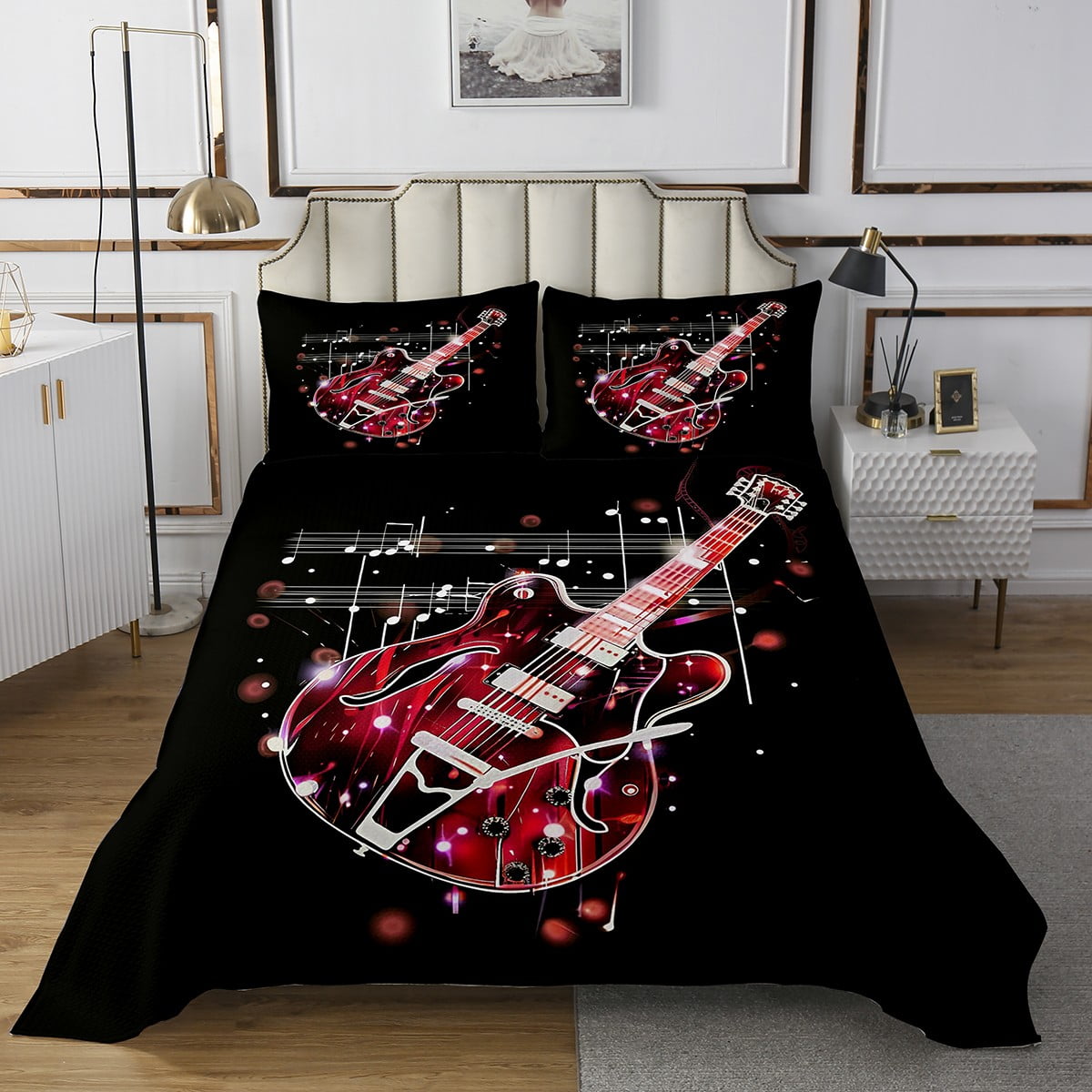 Red Guitar Coverlet Set Music Notes Queen Quilt Set,Rock Musical ...