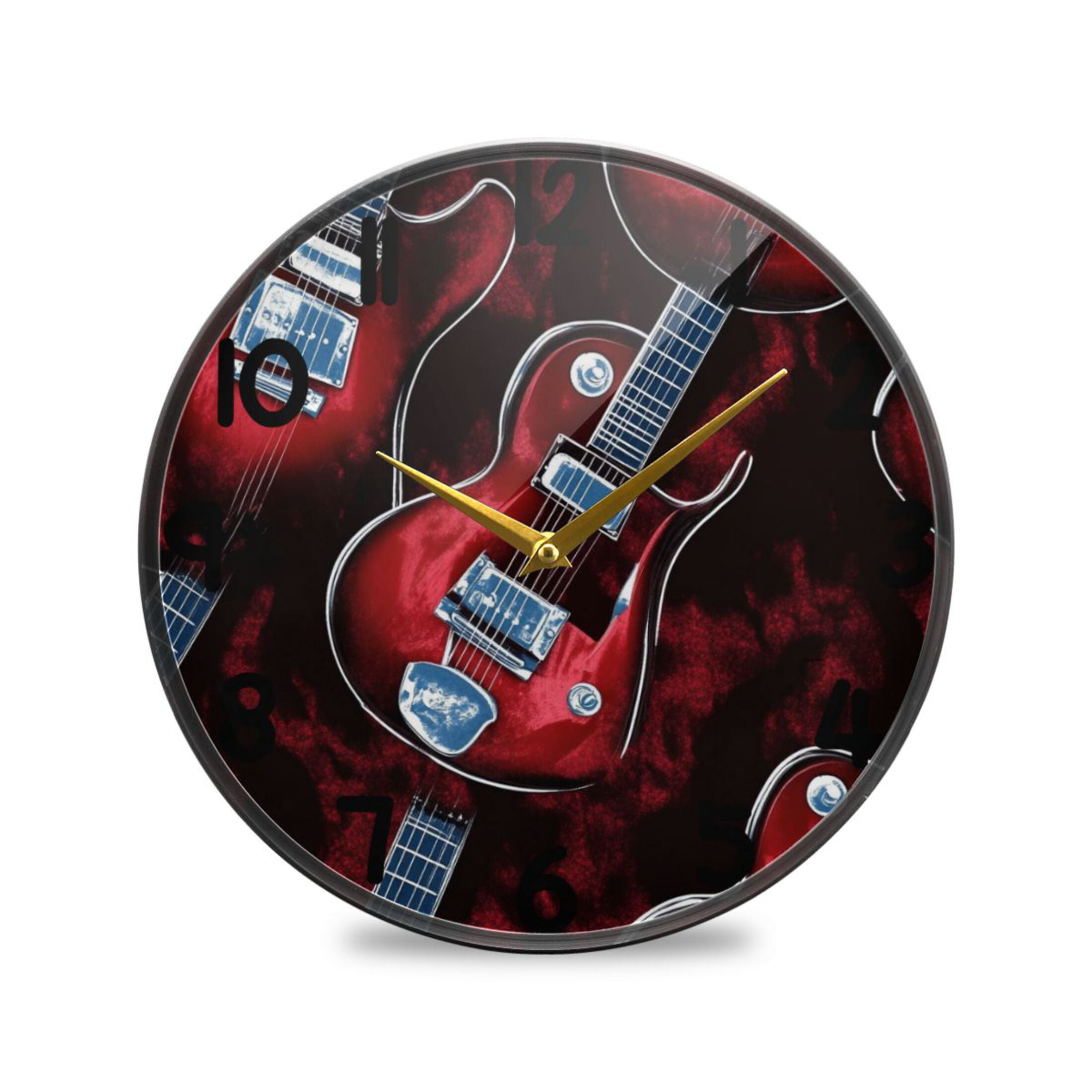 Red Guitars Round Acrylic Wall Clock Silent Battery Operated Home Decor ...