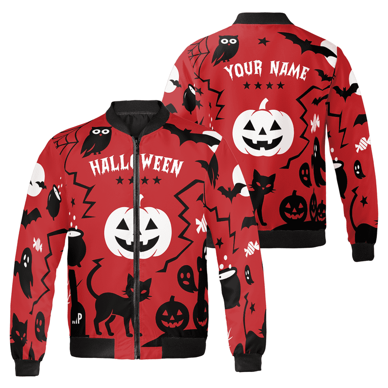 Red Halloween Bomber Jacket – Cute Spooky Pumpkin & Black Cat Print ...