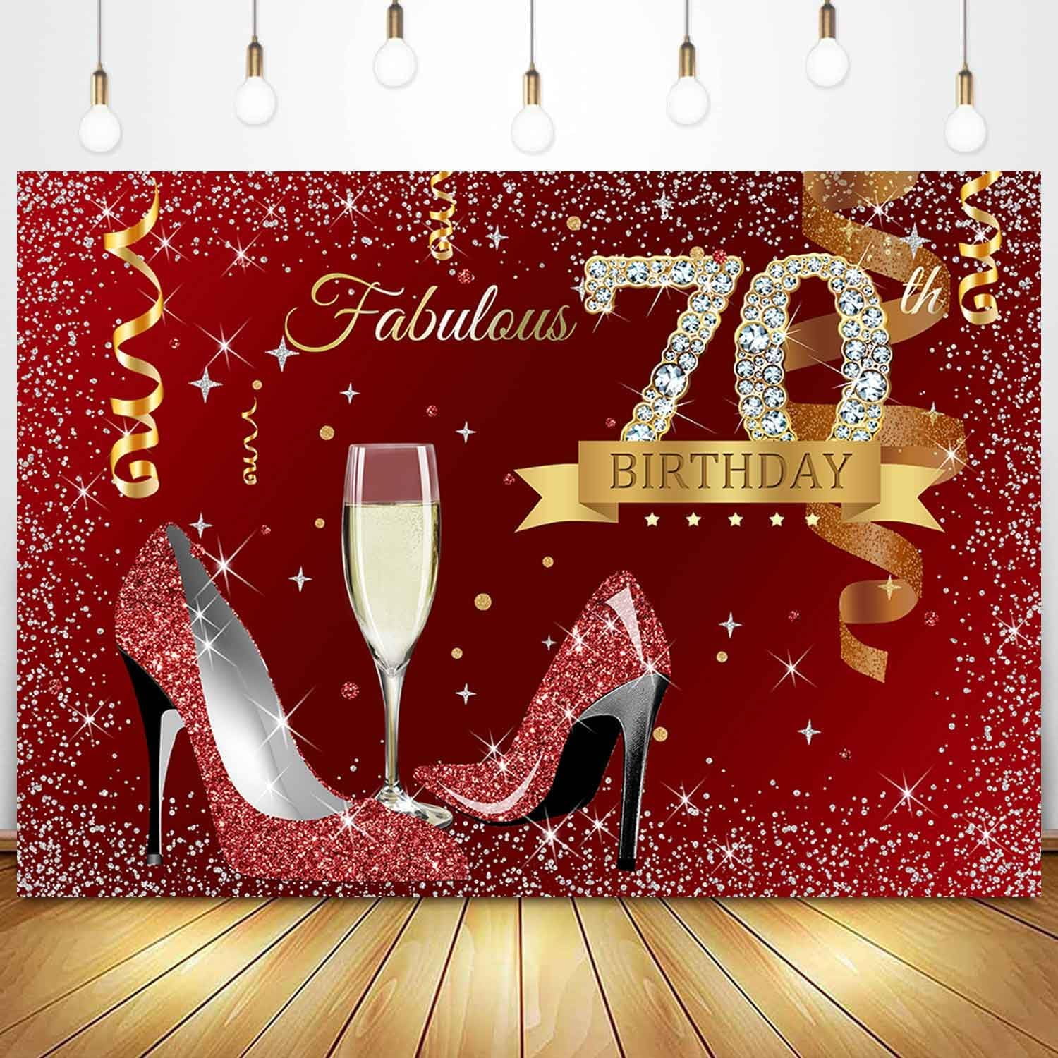 Red Happy 70th Birthday Backdrop for Women High Heels Gold Confetti ...