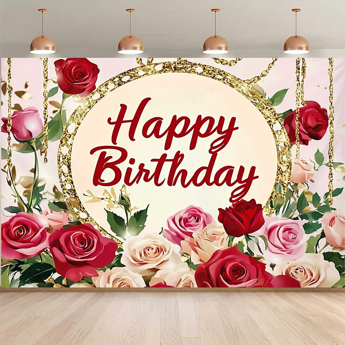 Red Happy Birthday Backdrop for Women Pink and Red Rose Golden Birthday ...