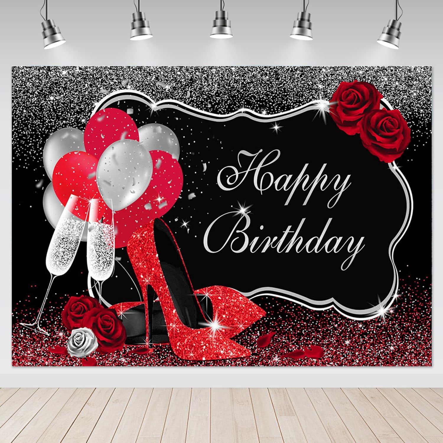 Red Happy Birthday Pretty Backdrop for Woman Black Silver High Heels ...