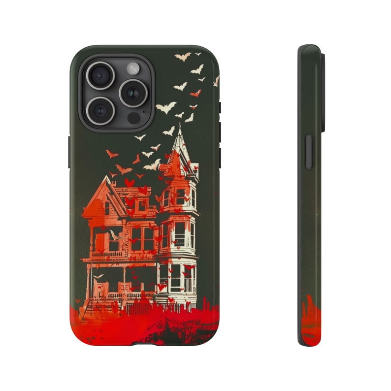 Red Haunted House Flying Bats Gothic Night Scene Phone Case with iPhone ...