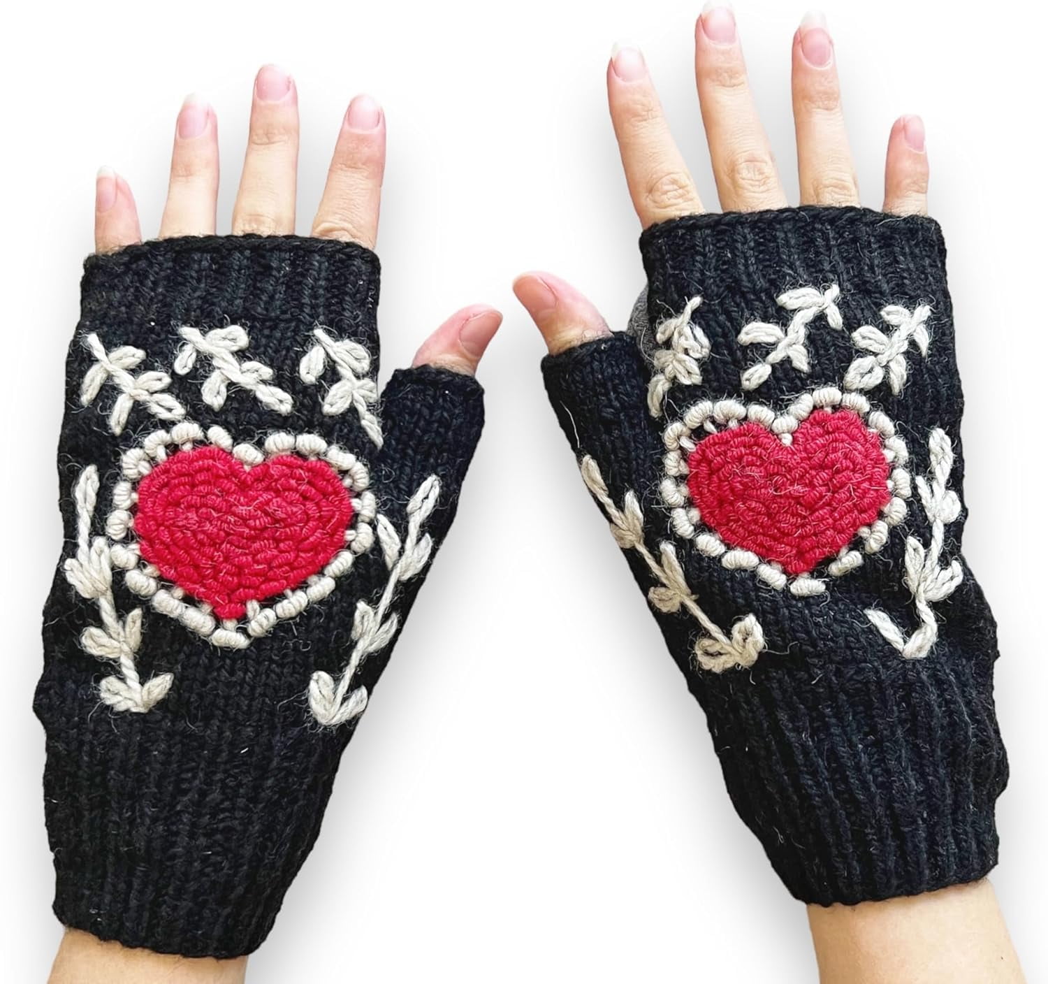 Red Heart Black Knit Fingerless Gloves Embroidered Alpaca Fleece Lined ...