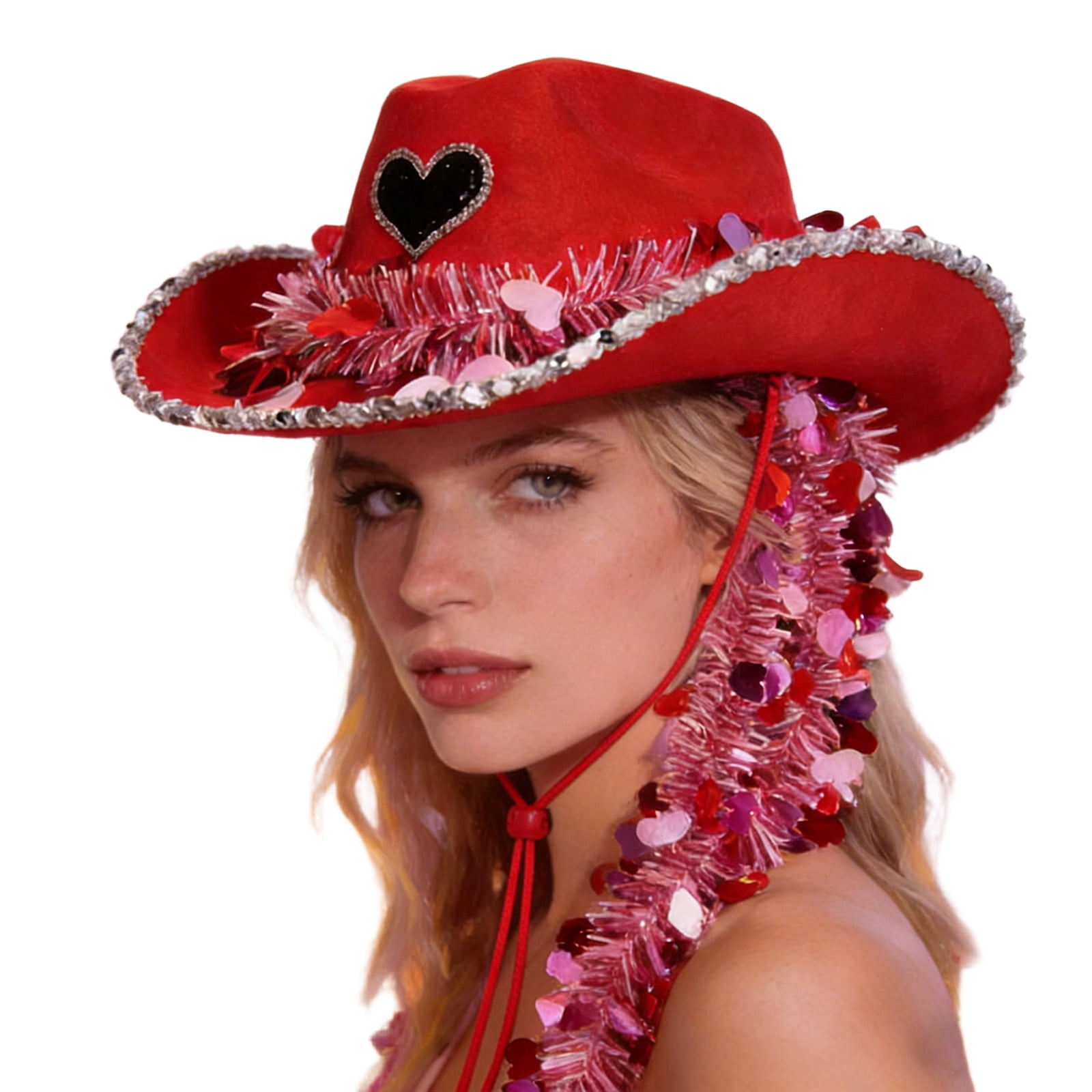 Red Heart Cowboy Hat with Pink Tinsel, Valentine's Day Western Party ...