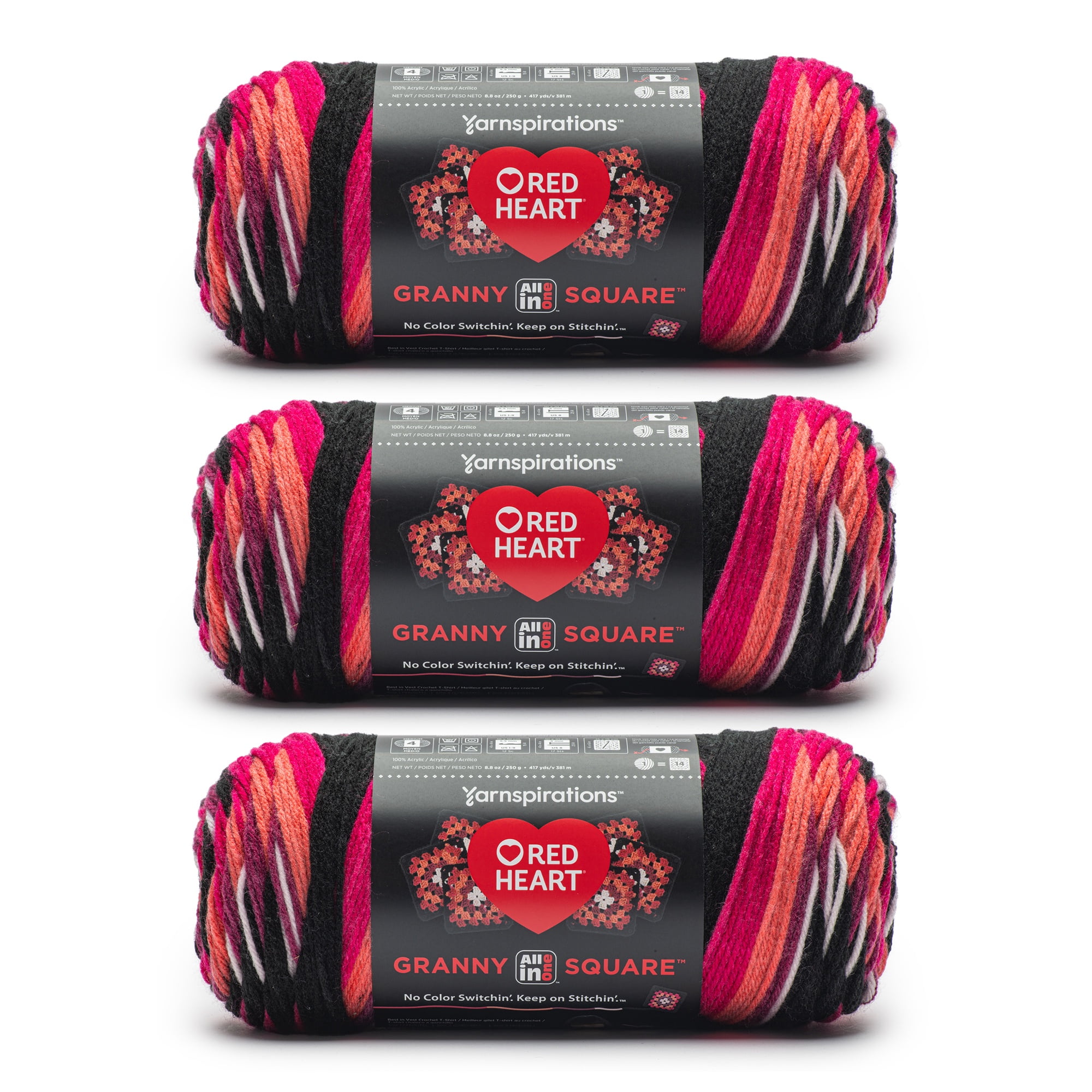 Red Heart® Granny Square™ #4 Med Acrylic Yarn, Blk-carnation 250g 417yd ...