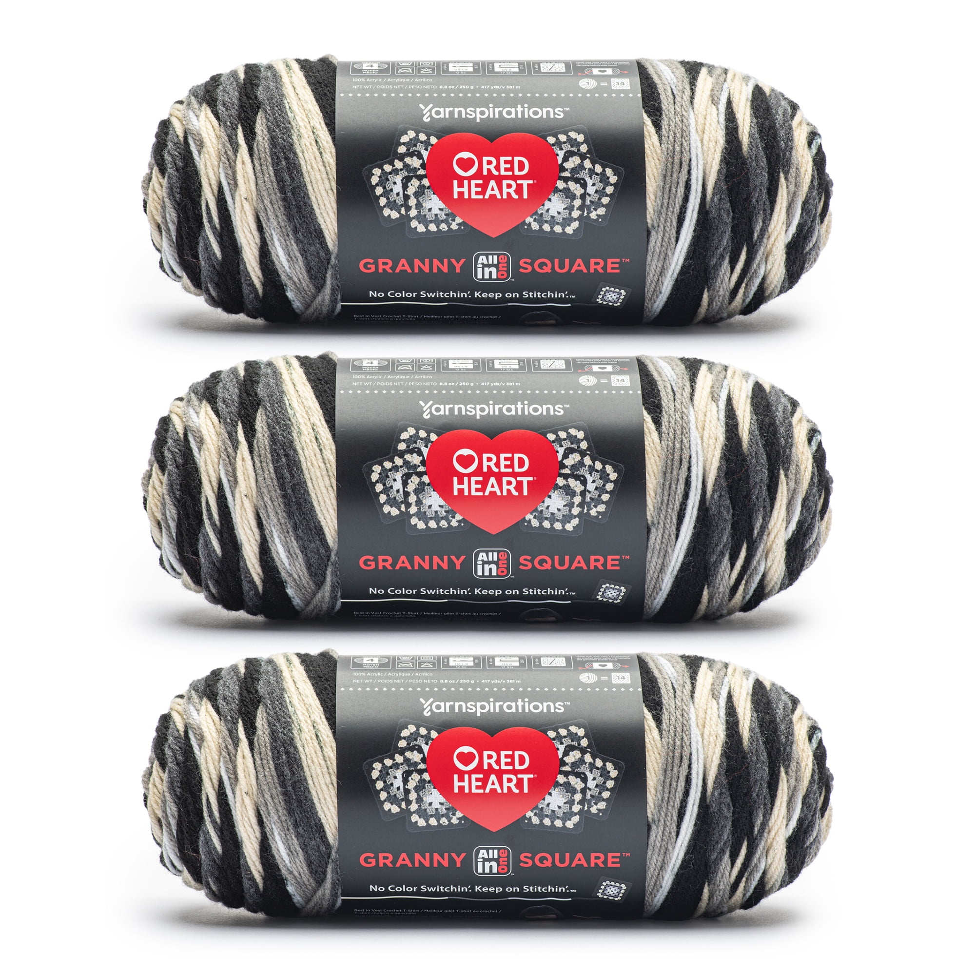 Red Heart® Granny Square™ #4 Med Acrylic Yarn, Blk-dove 250g 417yd (3Pk ...